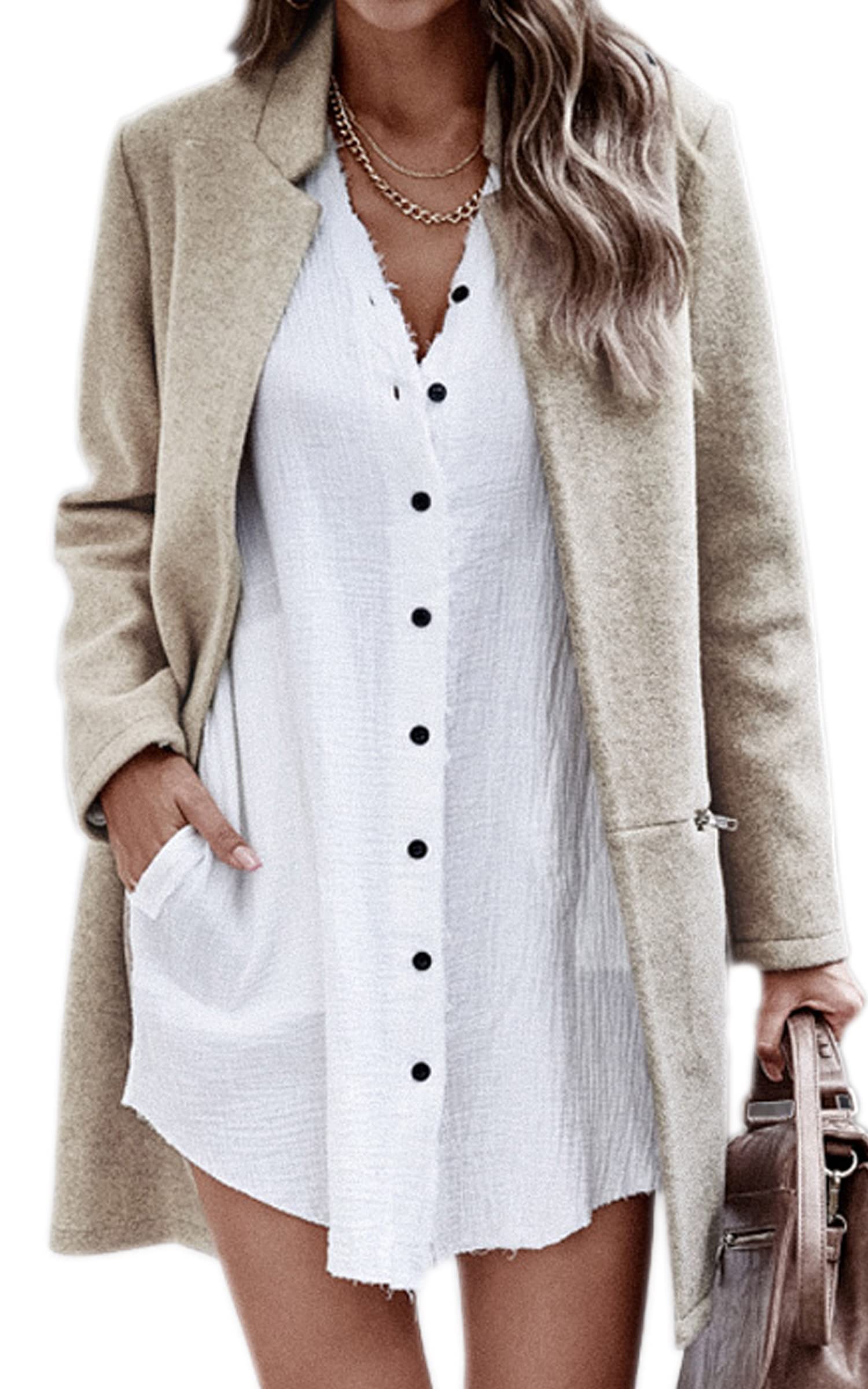 Angashion Women’s Coat, Long Sleeve Stand Collar Cardigan Mid-Long Open Front Outwear Overcoat with Zipper Pockets Beige Large
