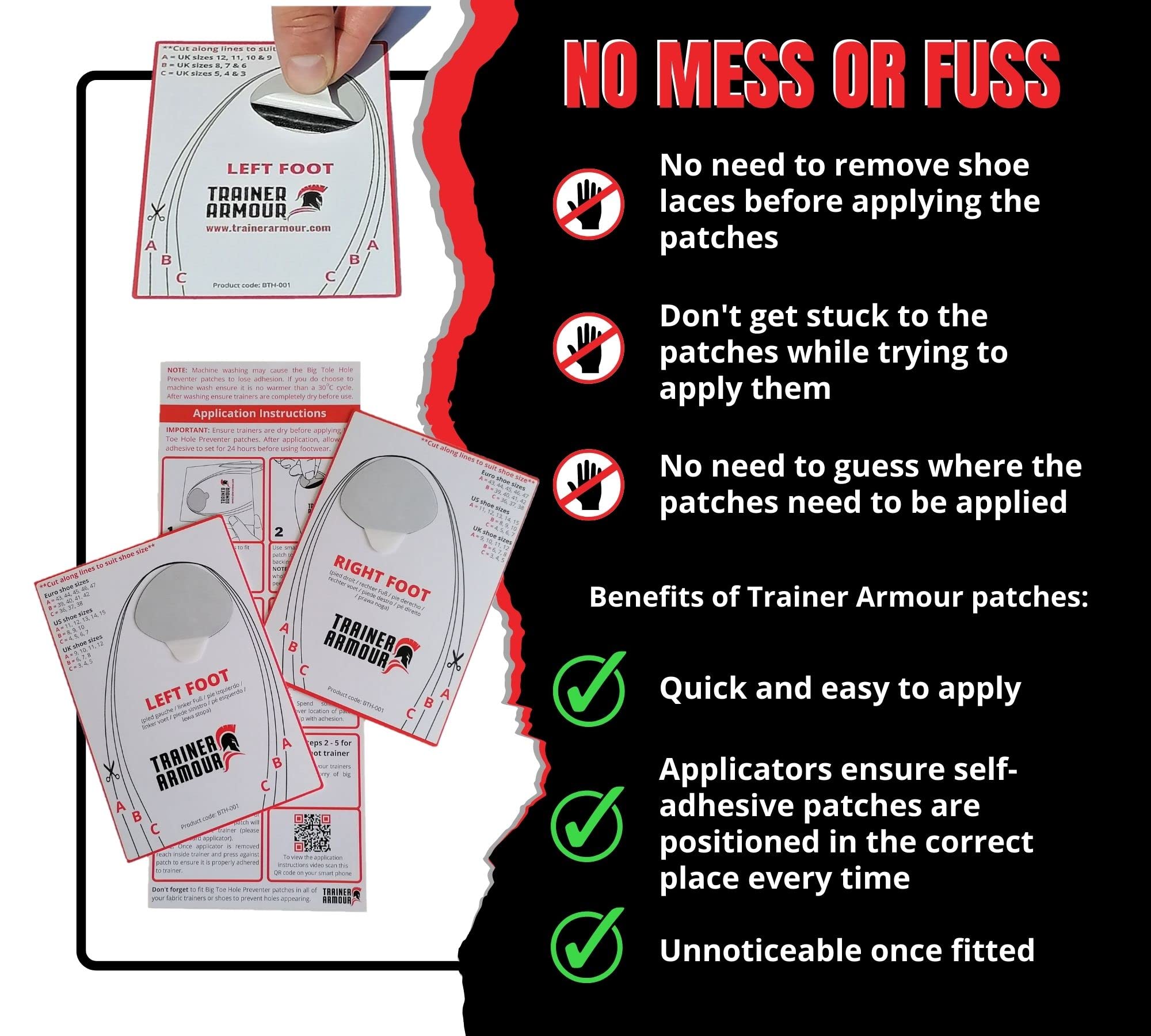 Trainer Armour - Big Toe Hole Preventer, self-Adhesive Patches with a Clever applicator. Shoe Toe Burst Toe Box Blowout Prevention Insert, Toe Hole Area Repair Patch. for Running Shoes and Sneakers.