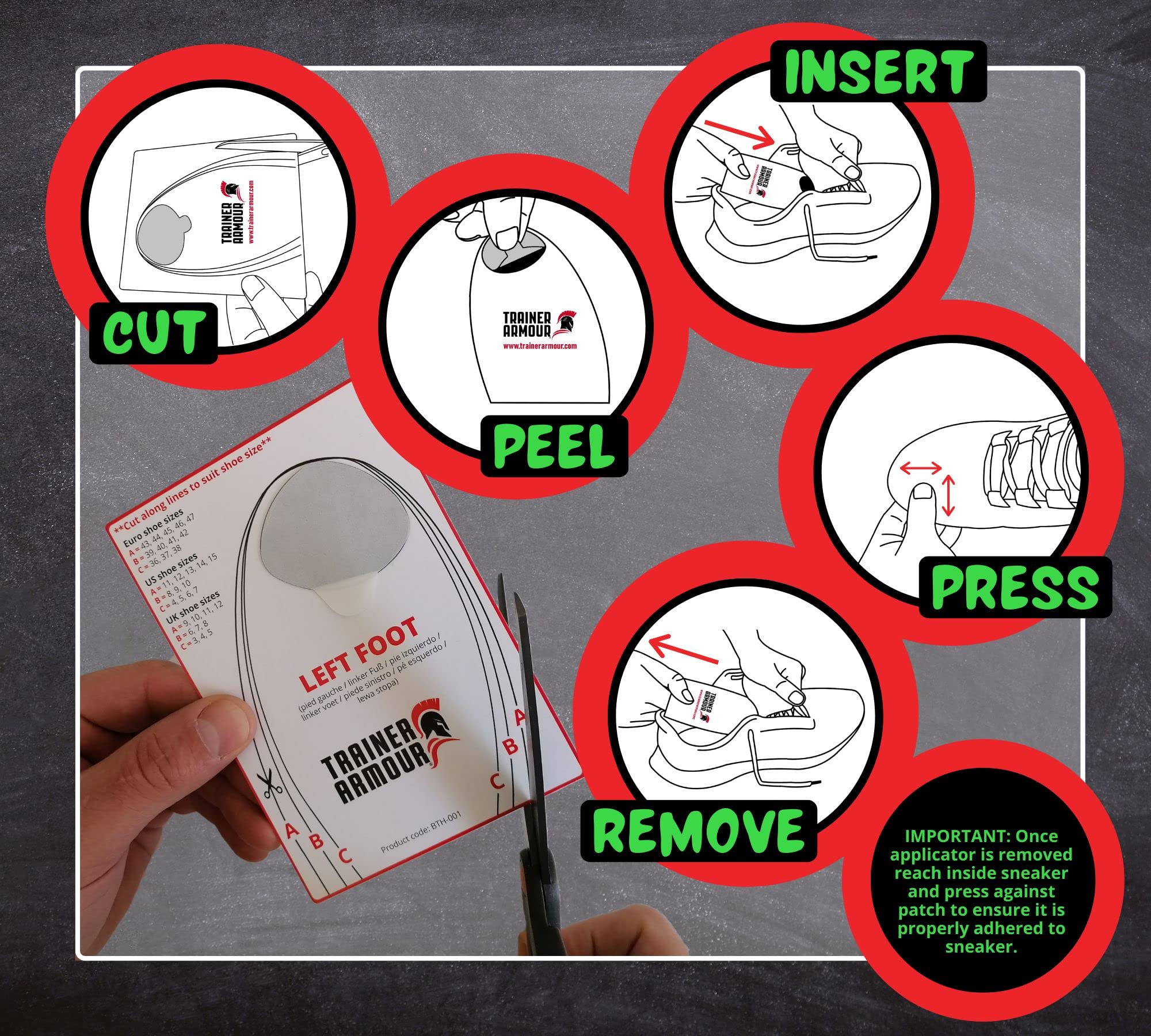 Trainer Armour - Big Toe Hole Preventer, self-Adhesive Patches with a Clever applicator. Shoe Toe Burst Toe Box Blowout Prevention Insert, Toe Hole Area Repair Patch. for Running Shoes and Sneakers.
