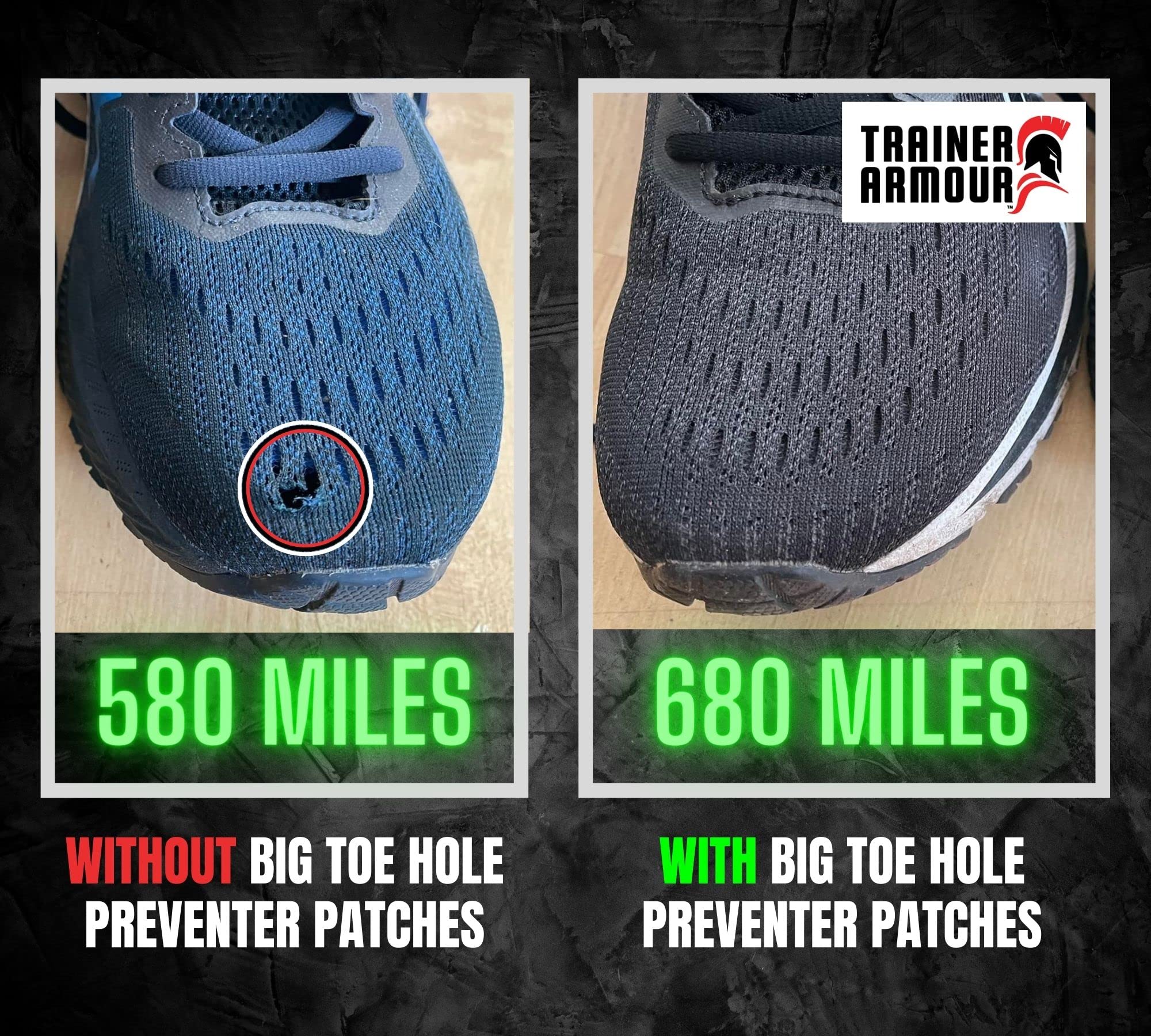 Trainer Armour - Big Toe Hole Preventer, self-Adhesive Patches with a Clever applicator. Shoe Toe Burst Toe Box Blowout Prevention Insert, Toe Hole Area Repair Patch. for Running Shoes and Sneakers.