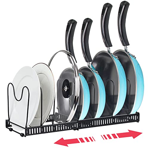 XSUPER Expandable Pot and Pan Organizer for Cabinet, Kitchen Pot Rack Organizer, Pans and Pots Lid Organizer Rack Holder with 7 Adjustable Compartments, Black