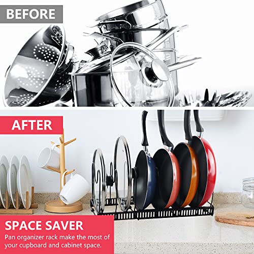 XSUPER Expandable Pot and Pan Organizer for Cabinet, Kitchen Pot Rack Organizer, Pans and Pots Lid Organizer Rack Holder with 7 Adjustable Compartments, Black