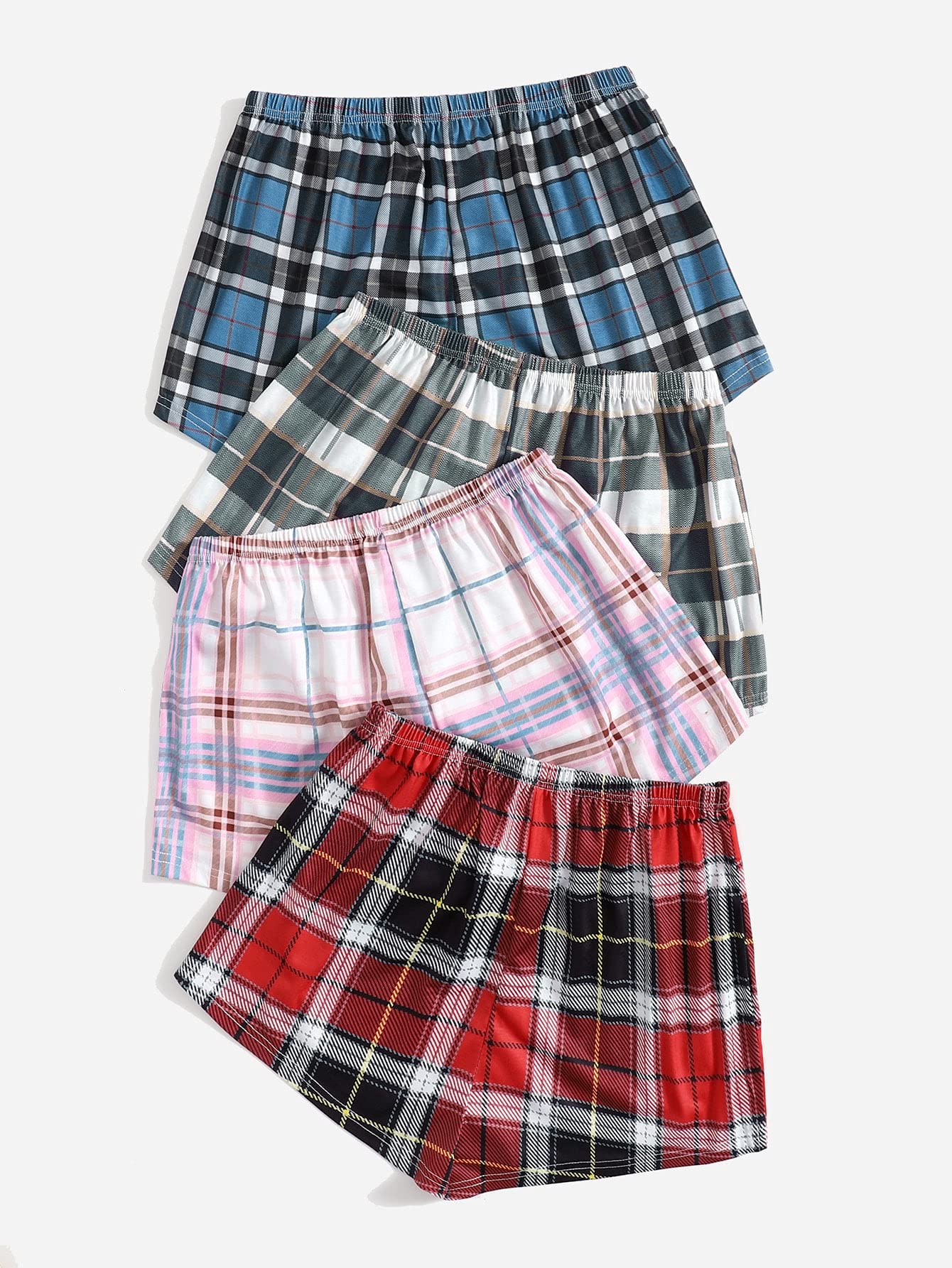 Verdusa Women's 4pack Elastic Waist Plaid Pajama Bottom Loungewear Sleep Short Blue Green Red Pink M
