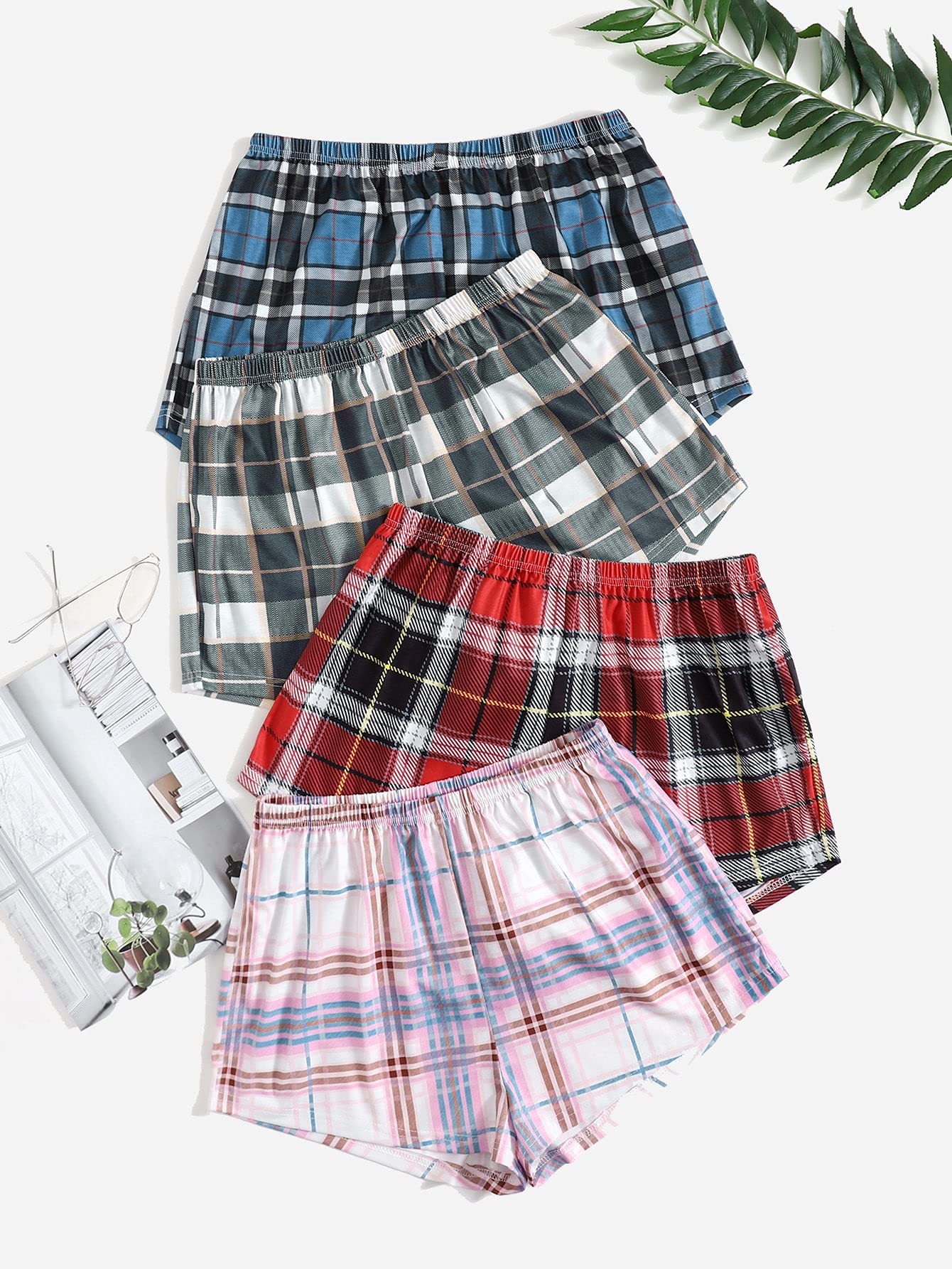 Verdusa Women's 4pack Elastic Waist Plaid Pajama Bottom Loungewear Sleep Short Blue Green Red Pink M