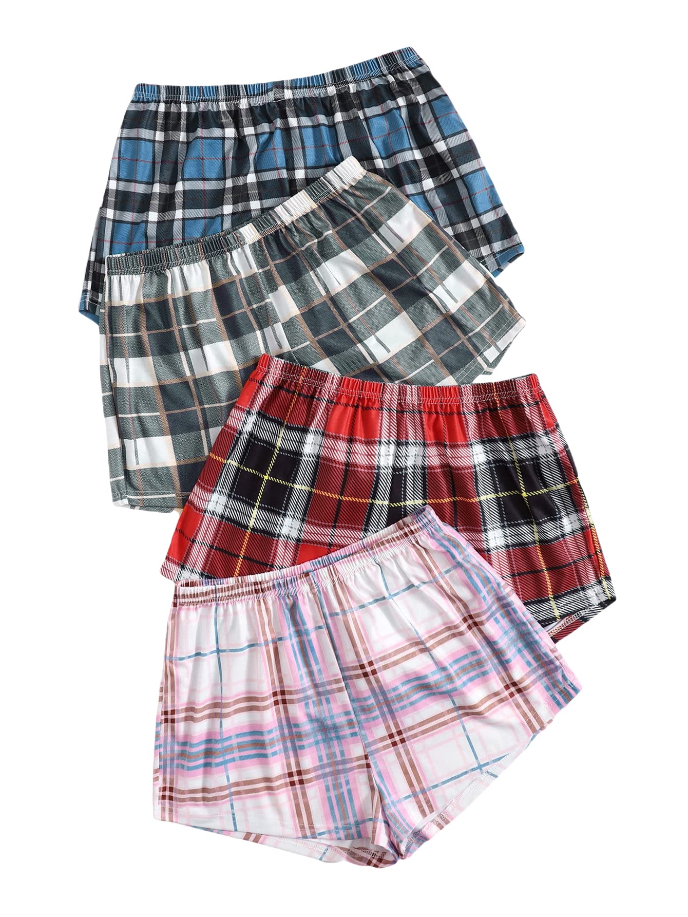 Verdusa Women's 4pack Elastic Waist Plaid Pajama Bottom Loungewear Sleep Short Blue Green Red Pink M