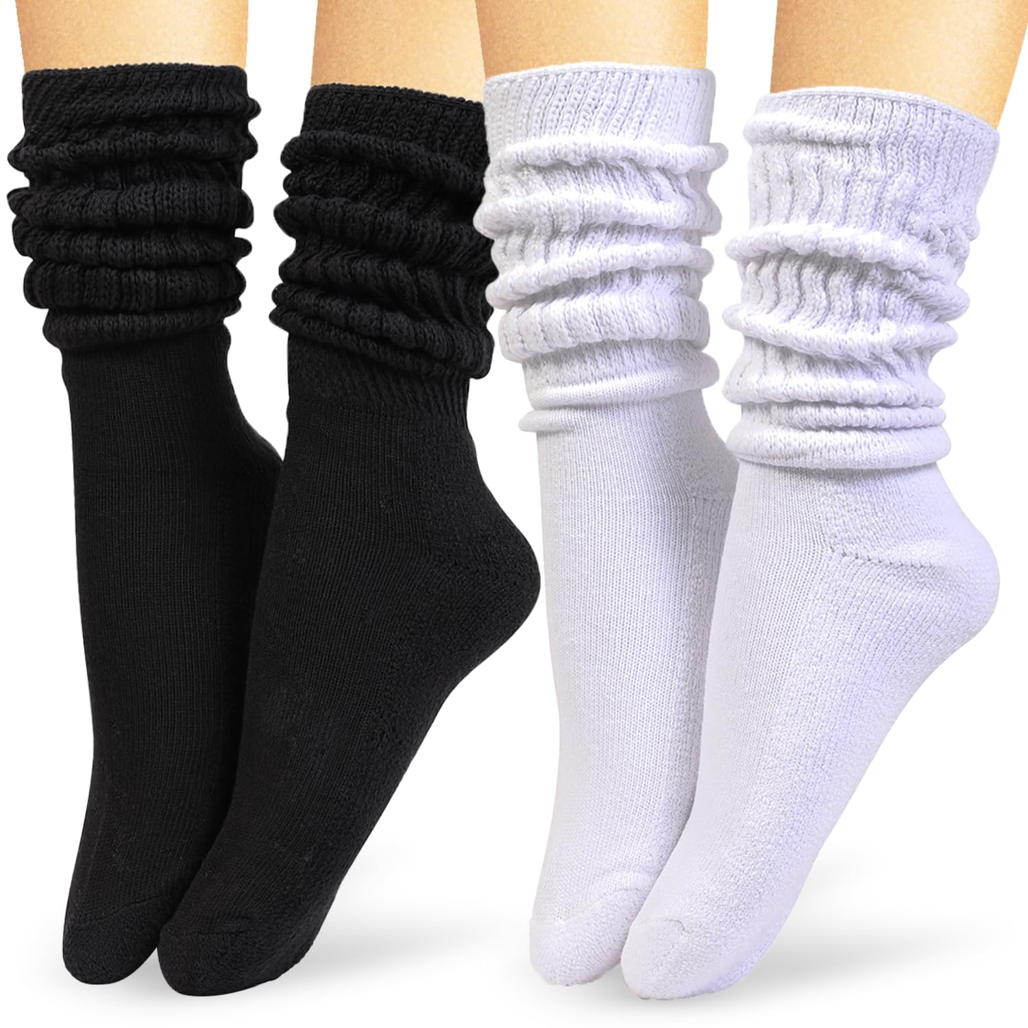 HOT FEET Women's Slouch Socks 2-Pack - Cozy Cotton Blend Scrunch Boot Socks, Long Slouchy Scrunchy Calf Socks, Sizes 4-10, White & Black
