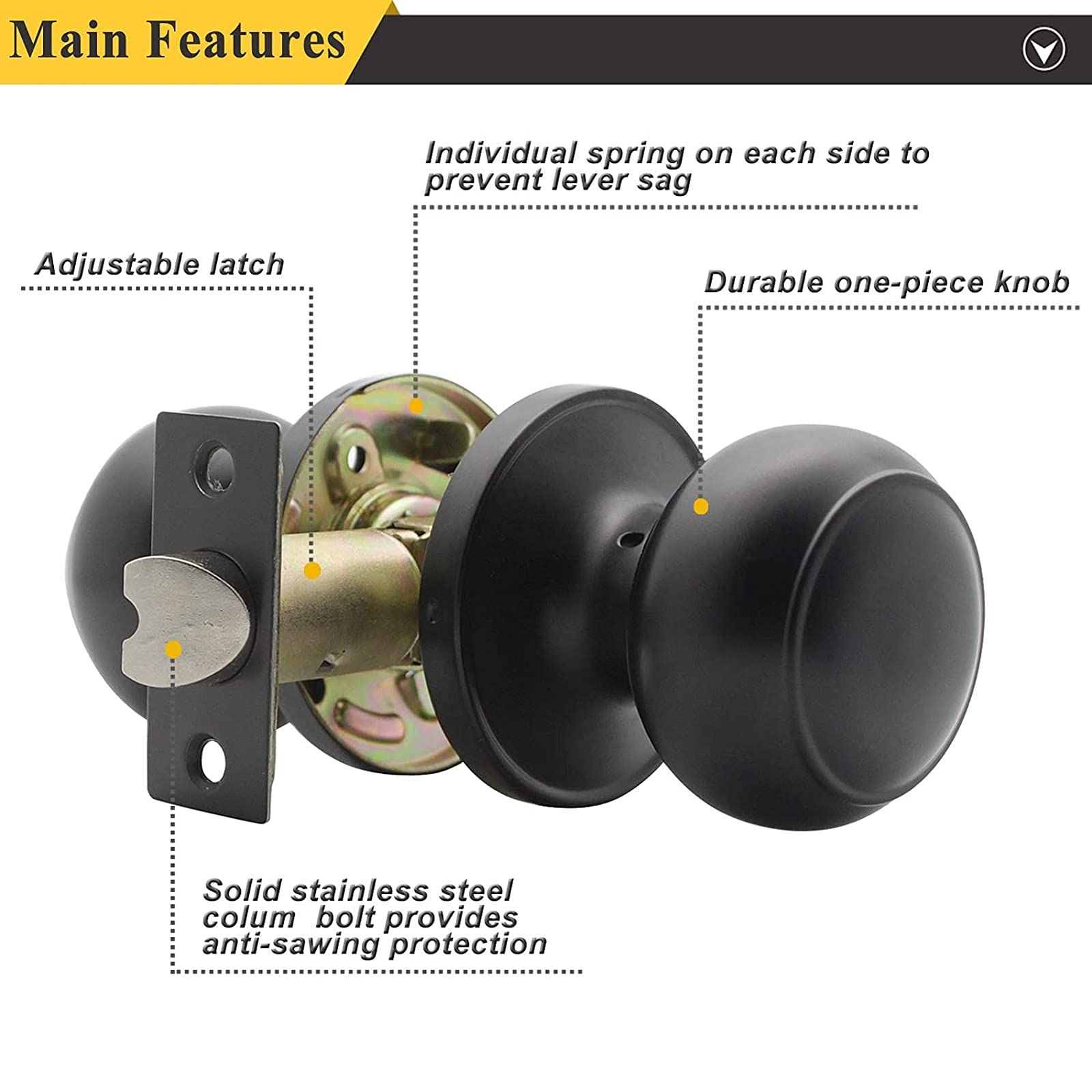 Probrico Interior Door Knob for Hallway, Black Door Knobs Closet Door Knob, Passage Door Knob with Round Ball Knob, 6 Pack