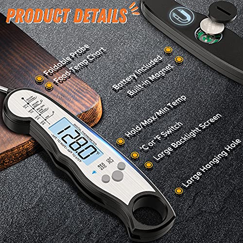 Digital Meat Thermometer, Waterproof Instant Read Food Thermometer for Cooking and Grilling, Kitchen Gadgets, Accessories with Backlight & Calibration for Candy, BBQ Grill, Liquids, Beef, Turkey