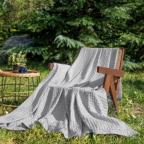 PHF Cooling Waffle Blanket, Queen Size, Lightweight 60% Rayon Derived from Bamboo & 40% Cotton, Breathable for Hot Sleepers, Ultra Soft and Luxury, 90"x90", Grey