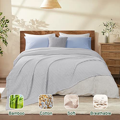 PHF Cooling Waffle Blanket, Queen Size, Lightweight 60% Rayon Derived from Bamboo & 40% Cotton, Breathable for Hot Sleepers, Ultra Soft and Luxury, 90"x90", Grey