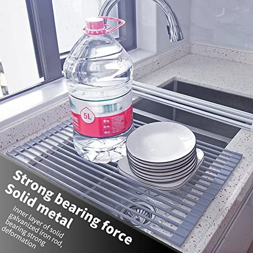 Roll Up Dish Drying Rack Drain Board Drainers, Over The Sink Dish Drying Rack for Kitchen Counter Foldable Dish Drainer Sink Rack Kitchen Organization Gadgets 17''x13'', Warm Grey