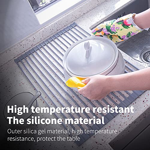 Roll Up Dish Drying Rack Drain Board Drainers, Over The Sink Dish Drying Rack for Kitchen Counter Foldable Dish Drainer Sink Rack Kitchen Organization Gadgets 17''x13'', Warm Grey