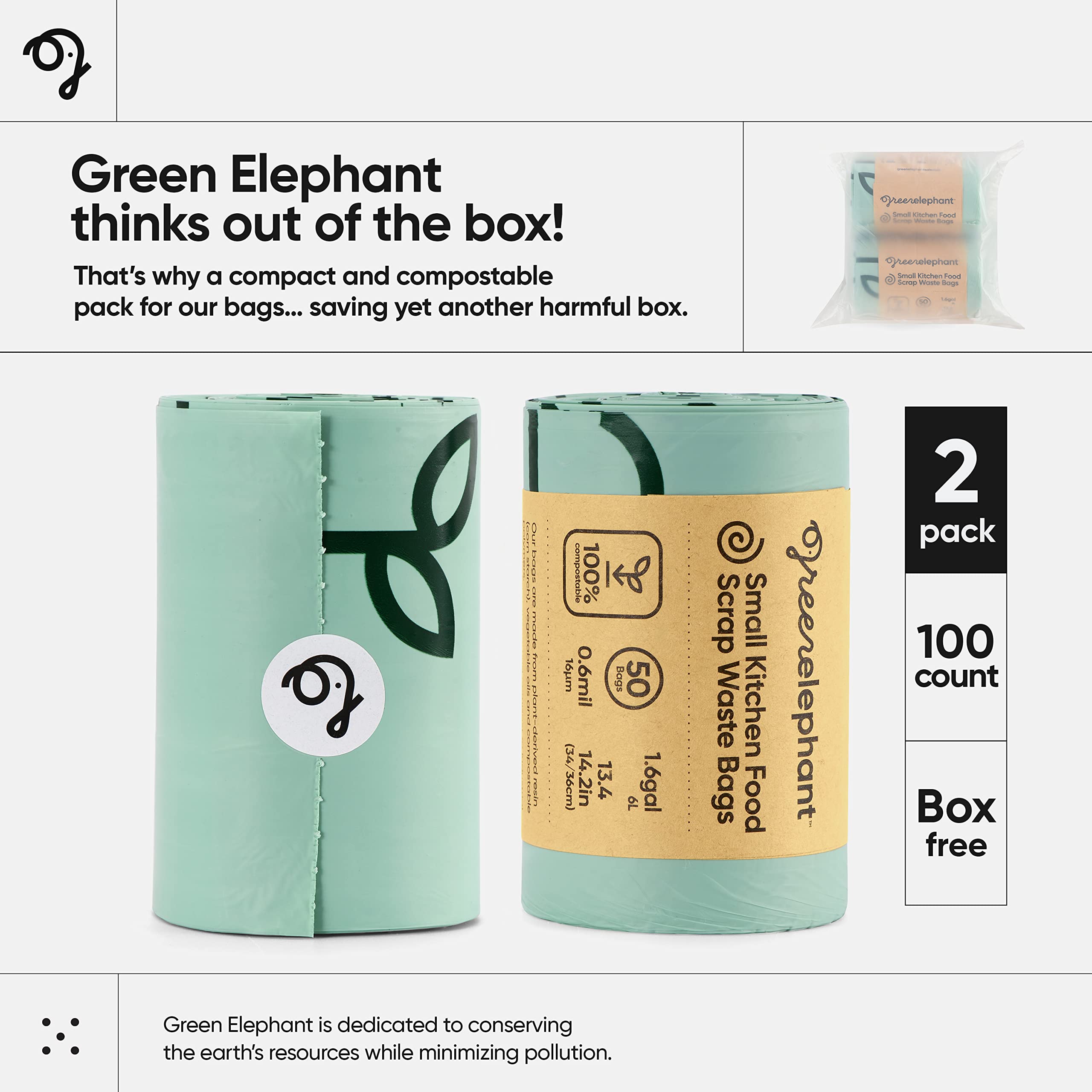 Green Elephant Compost Bags Small-Compostable Trash Bags,Small Biodegradable Trash Bags,Compostable Bags for Kitchen Compost Bin,1.6 Gallon Biodegradable Bags,BPI Certified Compostable Bag (2 Pack)