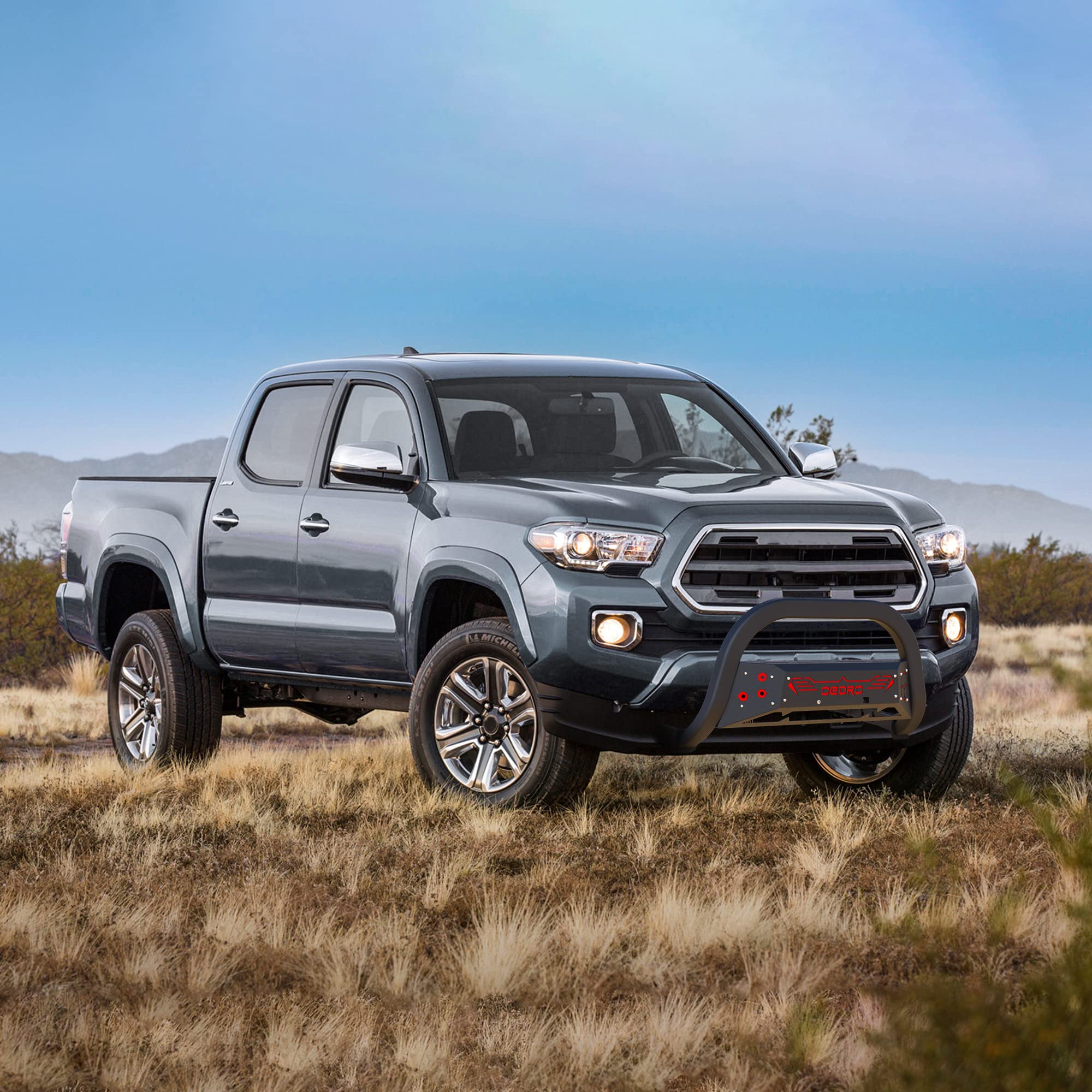 oEdRo Paintable Bull Bar Fits 2016-2023 Toyota Tacoma, Truck Brush Guard, Front Bumper Push Bar w/Grille Skid Plate Light Mount