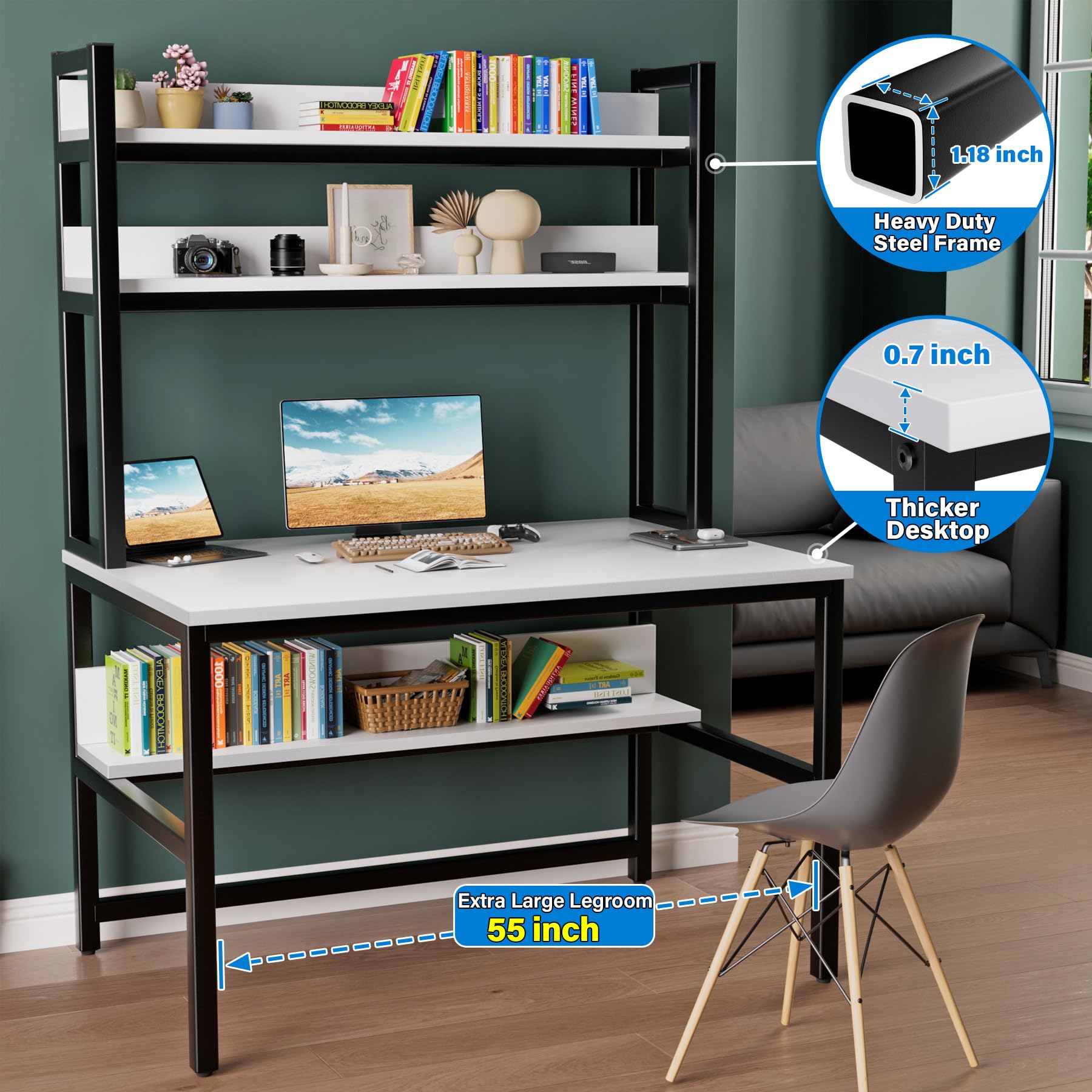 Aquzee Desk with Hutch, 55inch Computer Desks with Shelves, 4 Tiers Gaming Desk with Large Wood Desktop, Metal Legs, Ideal for Storage Study Work Writing Homework, White, 55Wx65Hx23.6D Inches