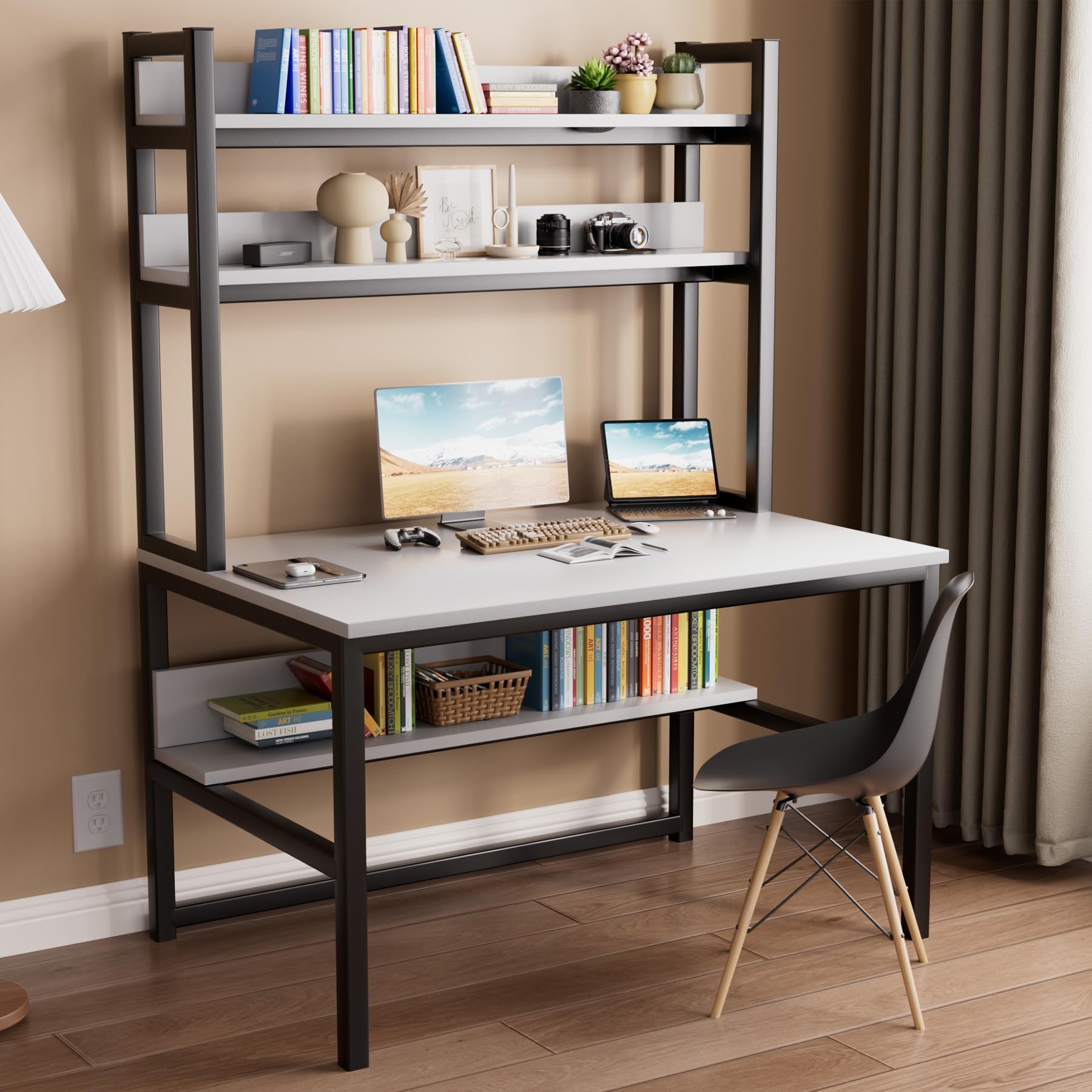 Aquzee Desk with Hutch, 55inch Computer Desks with Shelves, 4 Tiers Gaming Desk with Large Wood Desktop, Metal Legs, Ideal for Storage Study Work Writing Homework, White, 55Wx65Hx23.6D Inches