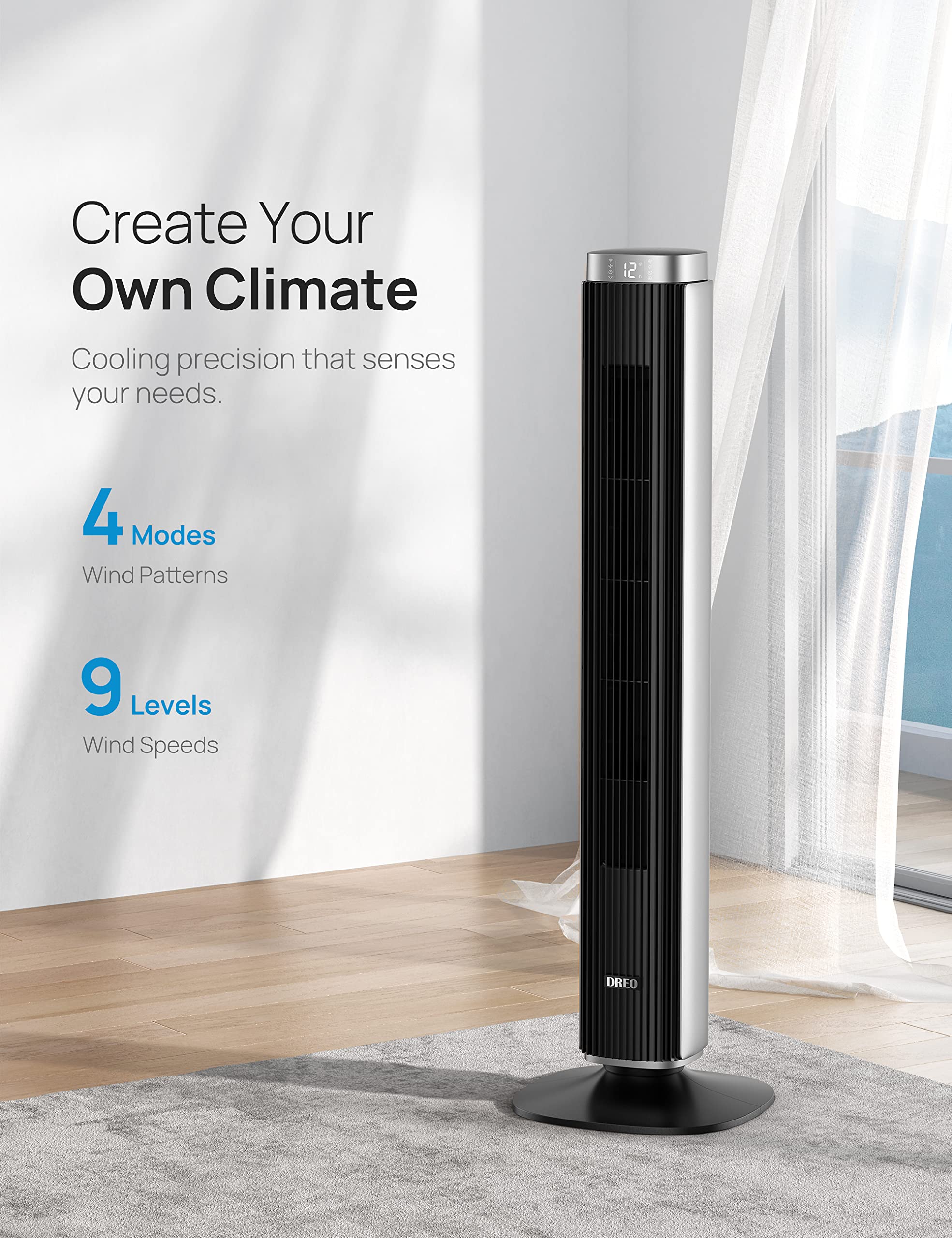 Dreo 42'' Pilot Pro Tower Fan with Remote, Black (DR-HTF005) & Tower Fan with Remote, 90° Oscillating Bladeless Fan, 42 Inch, Quiet with 6 Speeds, Large LED Display