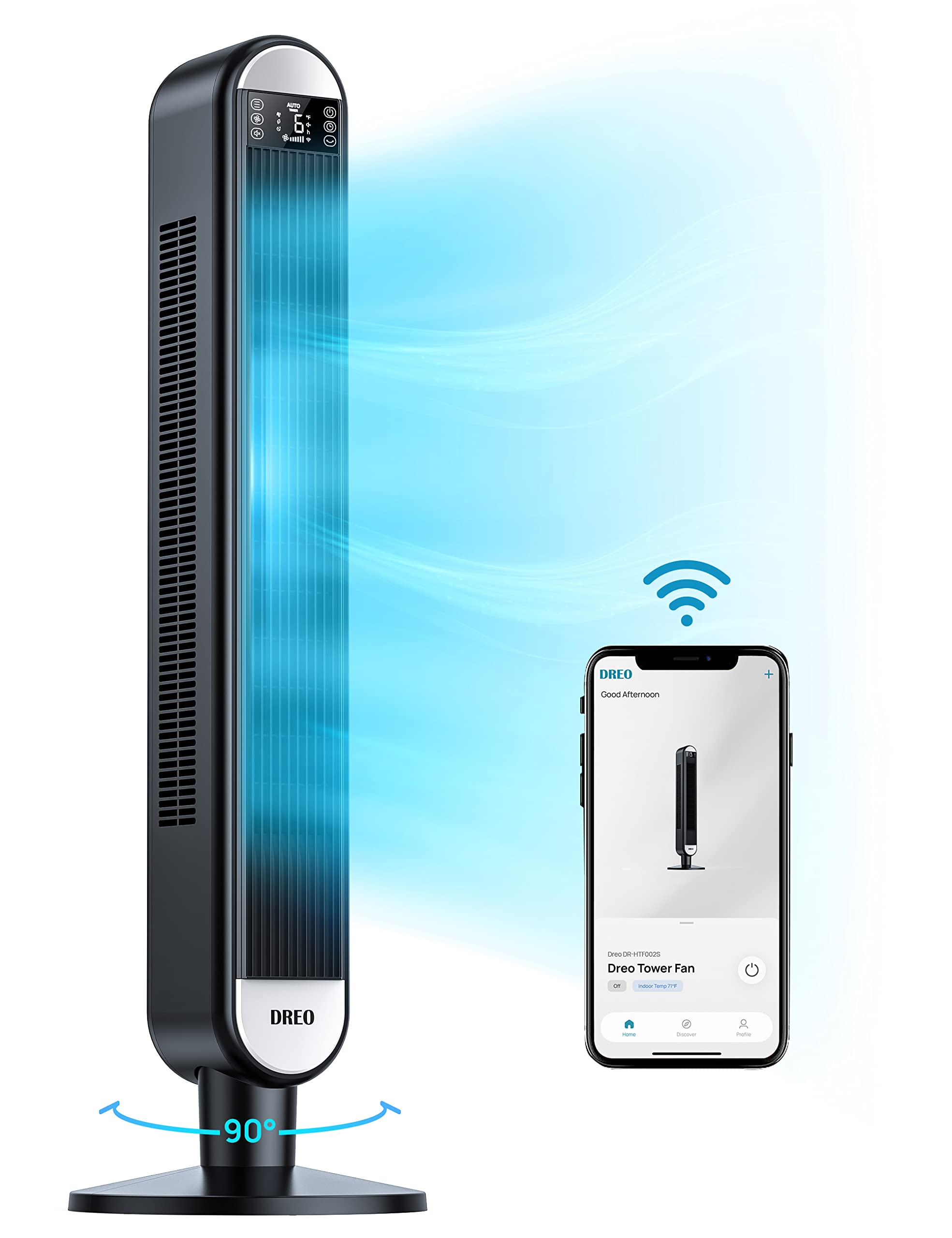 Dreo 42'' Pilot Pro Tower Fan with Remote, Black (DR-HTF005) & Tower Fan with Remote, 90° Oscillating Bladeless Fan, 42 Inch, Quiet with 6 Speeds, Large LED Display