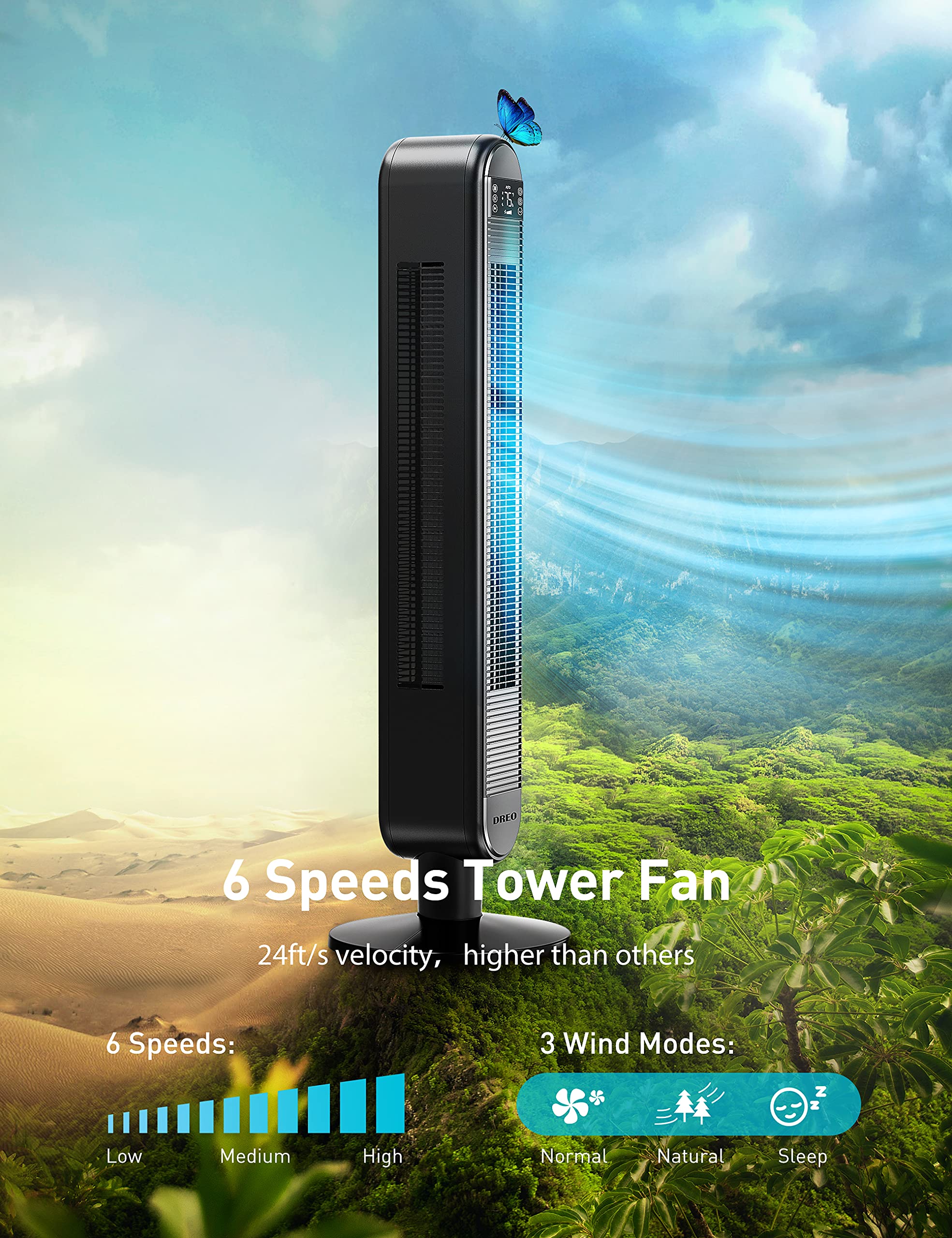 Dreo 42'' Pilot Pro Tower Fan with Remote, Black (DR-HTF005) & Tower Fan with Remote, 90° Oscillating Bladeless Fan, 42 Inch, Quiet with 6 Speeds, Large LED Display