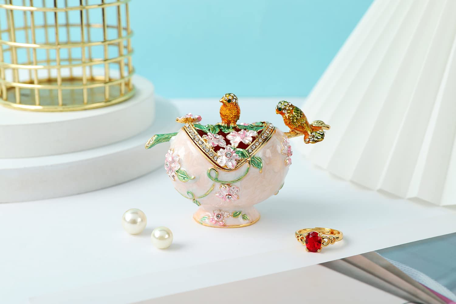 Furuida Hollow Out Bird Trinket Boxes Hinged Hand-Painted Enamel Animals Ornaments Craft Gift for Home Decor