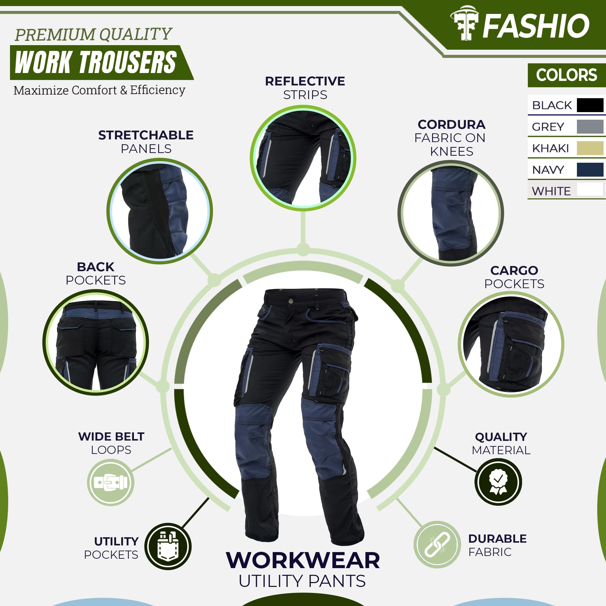 FASHIO FF Mens Construction Pants Utility Work Heavy Duty Workwear Trousers Carpenter Knee Reinforcement Cordura Safety Pants S5 Black W32-L34