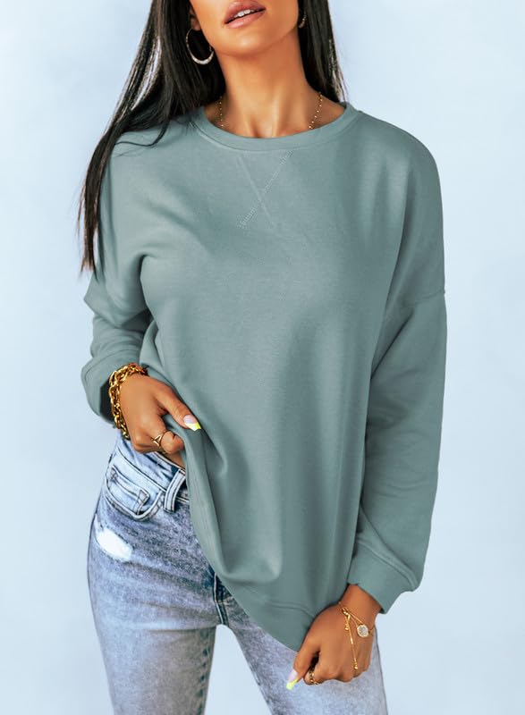 Dokotoo Women's Ladies Long Sleeve Crewneck Sweatshirt Side Split Loose Fit Solid Basic Pullover Tunic Shirts Tops for Teen Girls 2024 Fashion Fall Blue Medium