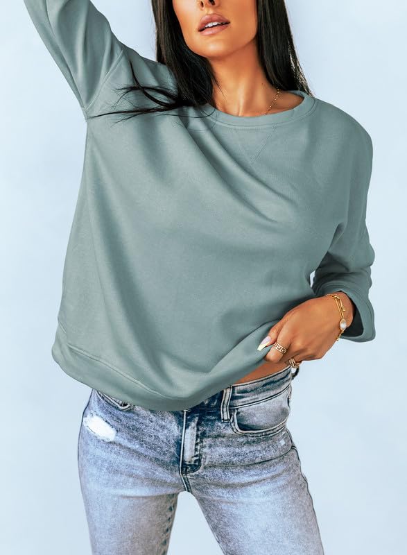 Dokotoo Women's Ladies Long Sleeve Crewneck Sweatshirt Side Split Loose Fit Solid Basic Pullover Tunic Shirts Tops for Teen Girls 2024 Fashion Fall Blue Medium