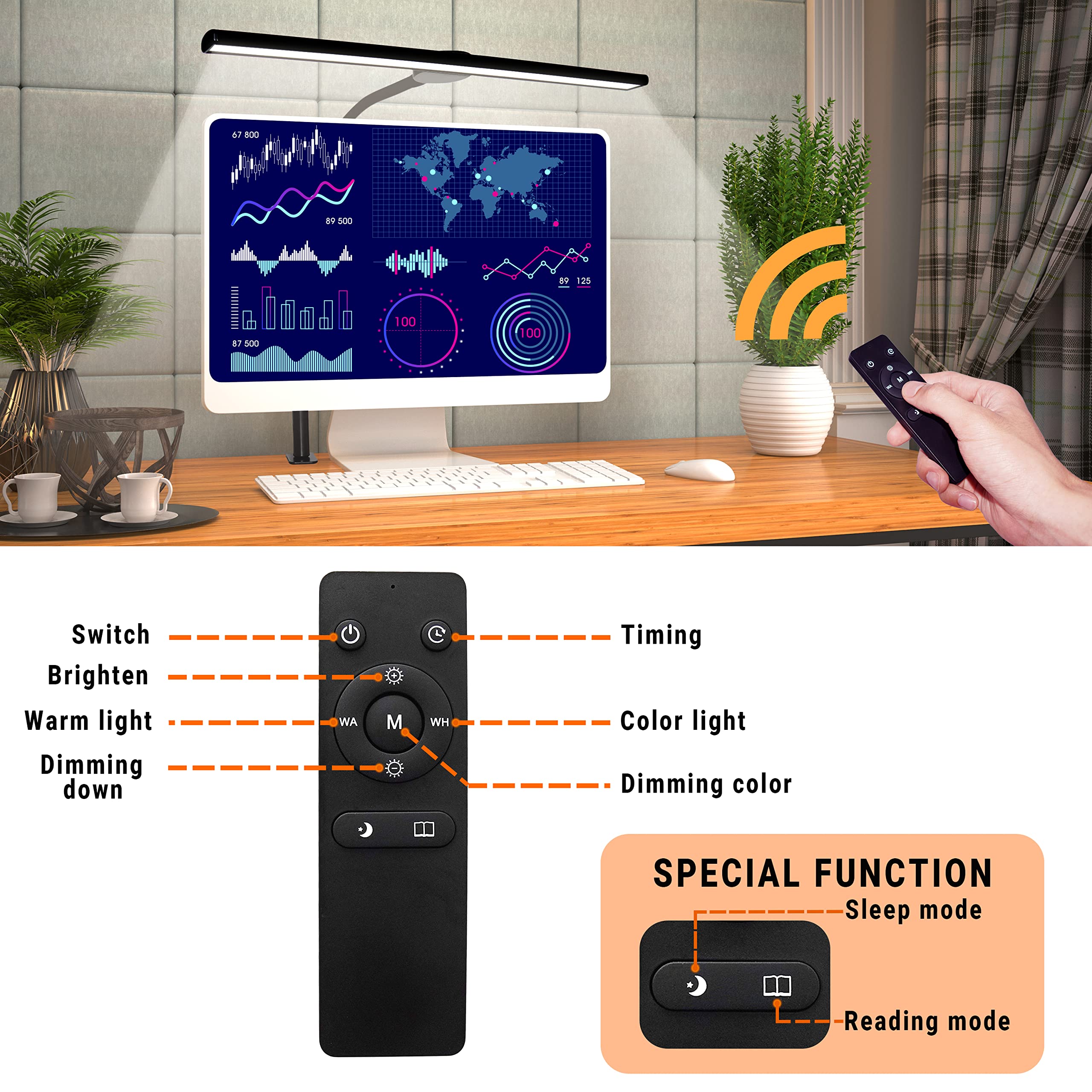 Frkaiuza LED Desk Lamp, Architect Desk Lamps for Home Office, Eye-Caring Clamp Lamp with Gooseneck,18W LED 3 Modes 6 Brightness, Modern Desk Light for Monitor Studio Reading, Remote and Touch Control