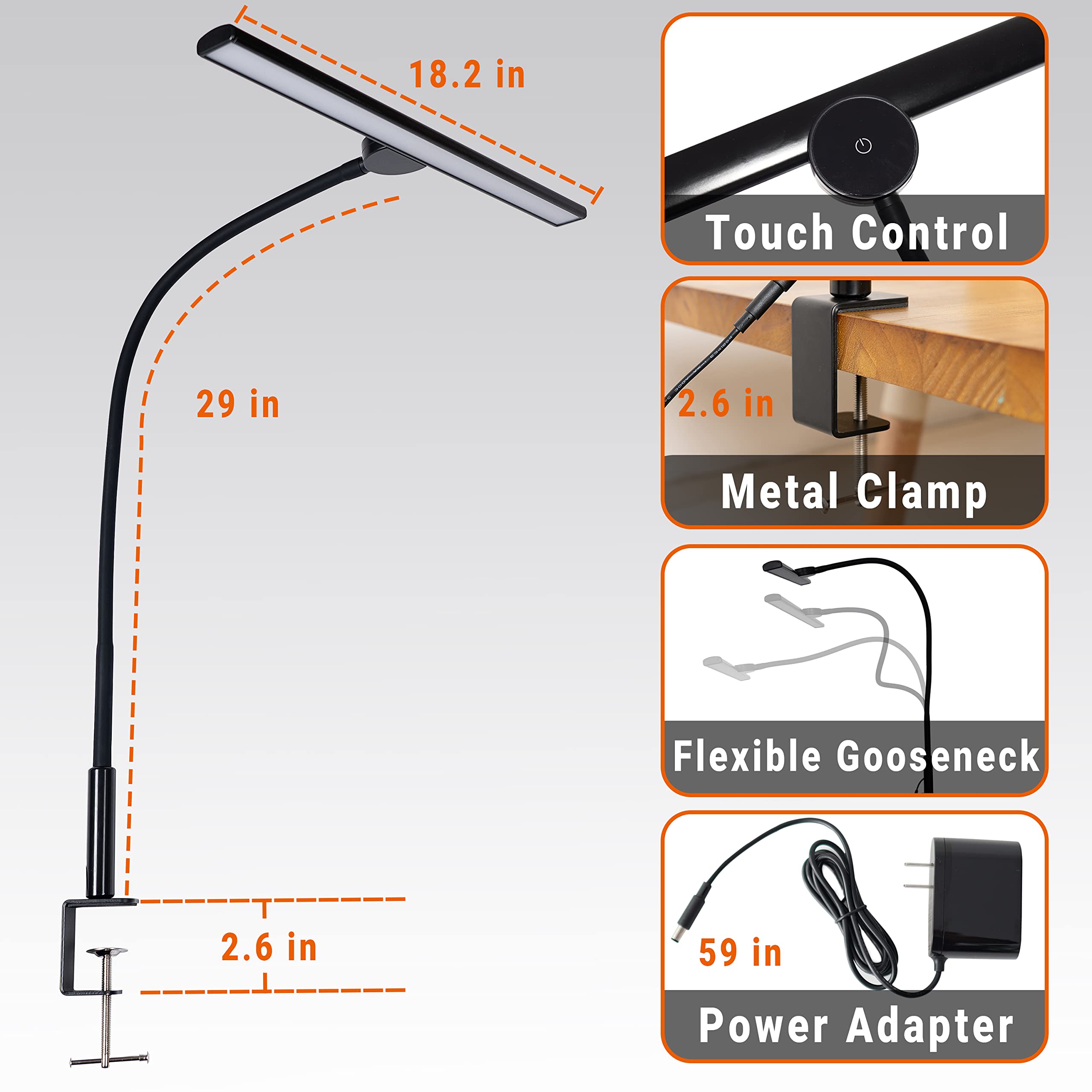 Frkaiuza LED Desk Lamp, Architect Desk Lamps for Home Office, Eye-Caring Clamp Lamp with Gooseneck,18W LED 3 Modes 6 Brightness, Modern Desk Light for Monitor Studio Reading, Remote and Touch Control