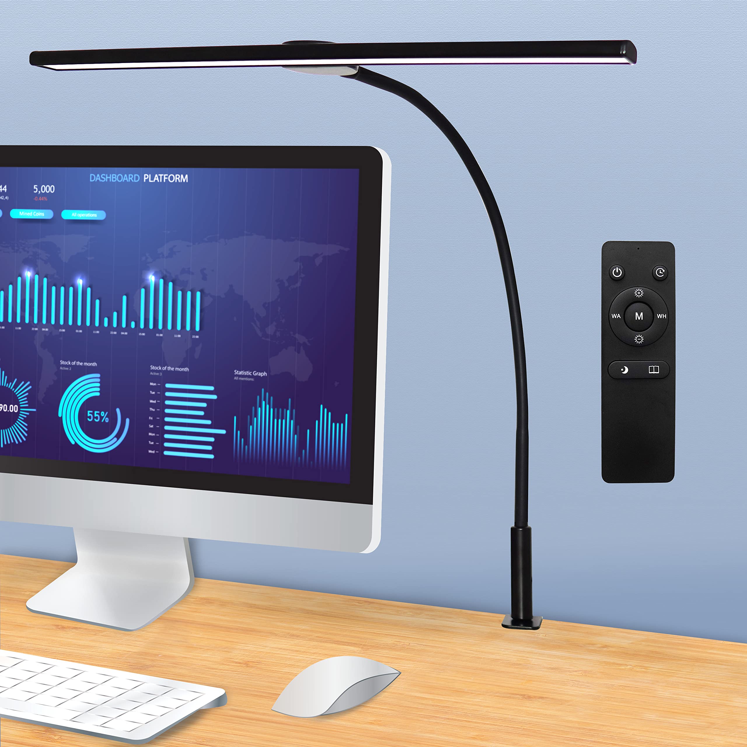 Frkaiuza LED Desk Lamp, Architect Desk Lamps for Home Office, Eye-Caring Clamp Lamp with Gooseneck,18W LED 3 Modes 6 Brightness, Modern Desk Light for Monitor Studio Reading, Remote and Touch Control