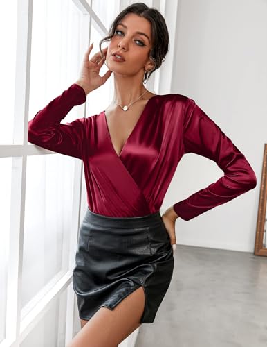 Chigant Body Suits Women Clothing Satin Long Sleeve Bodysuit for Women Leotard Blouse