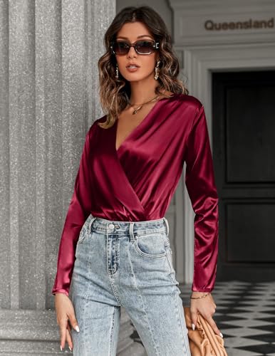 Chigant Body Suits Women Clothing Satin Long Sleeve Bodysuit for Women Leotard Blouse