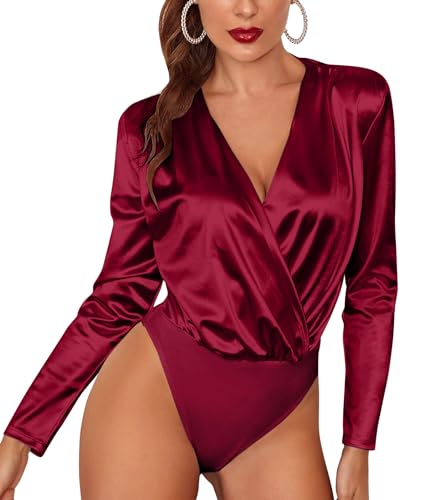 Chigant Body Suits Women Clothing Satin Long Sleeve Bodysuit for Women Leotard Blouse