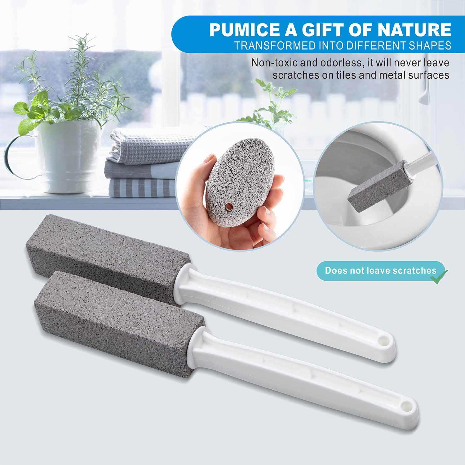 Pumice Stone Brush Toilet Bowl Cleaner with Extra Long Handle, 100% Natural Pumice Toilet Brush, Stain Remover Cleaning Brushes for Bath/Pool/Kitchen/BBQ Cleaning - 2 Pack with 2 Hooks