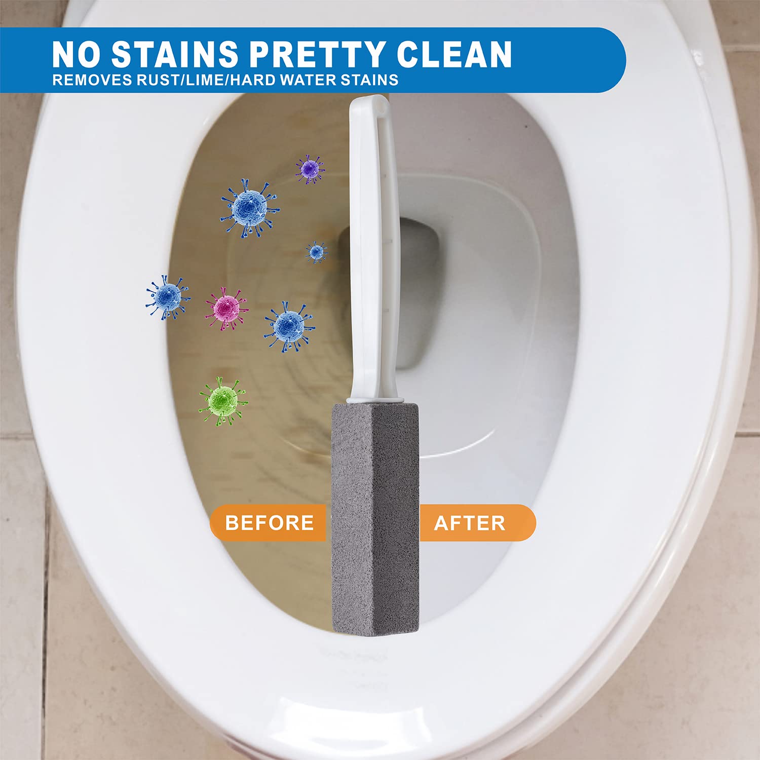 Pumice Stone Brush Toilet Bowl Cleaner with Extra Long Handle, 100% Natural Pumice Toilet Brush, Stain Remover Cleaning Brushes for Bath/Pool/Kitchen/BBQ Cleaning - 2 Pack with 2 Hooks