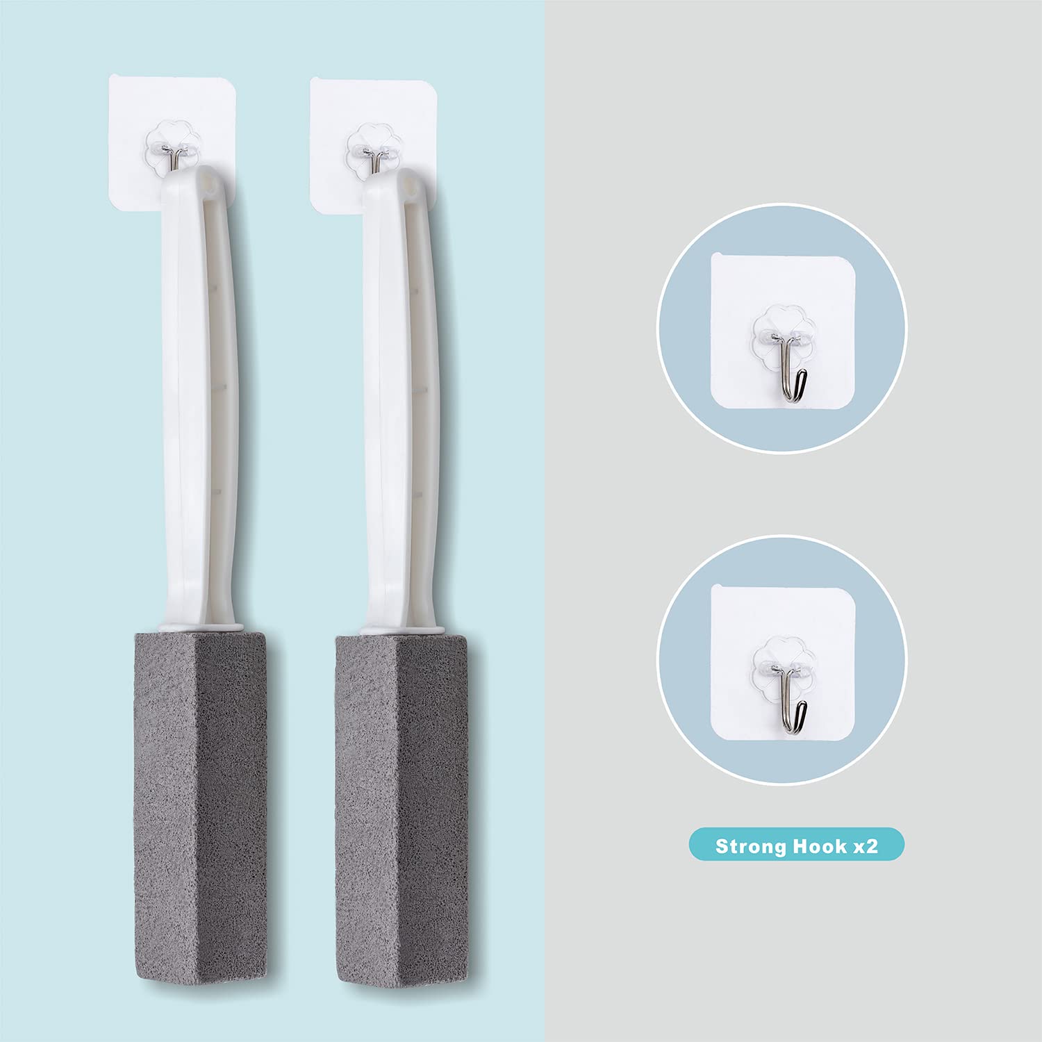 Pumice Stone Brush Toilet Bowl Cleaner with Extra Long Handle, 100% Natural Pumice Toilet Brush, Stain Remover Cleaning Brushes for Bath/Pool/Kitchen/BBQ Cleaning - 2 Pack with 2 Hooks