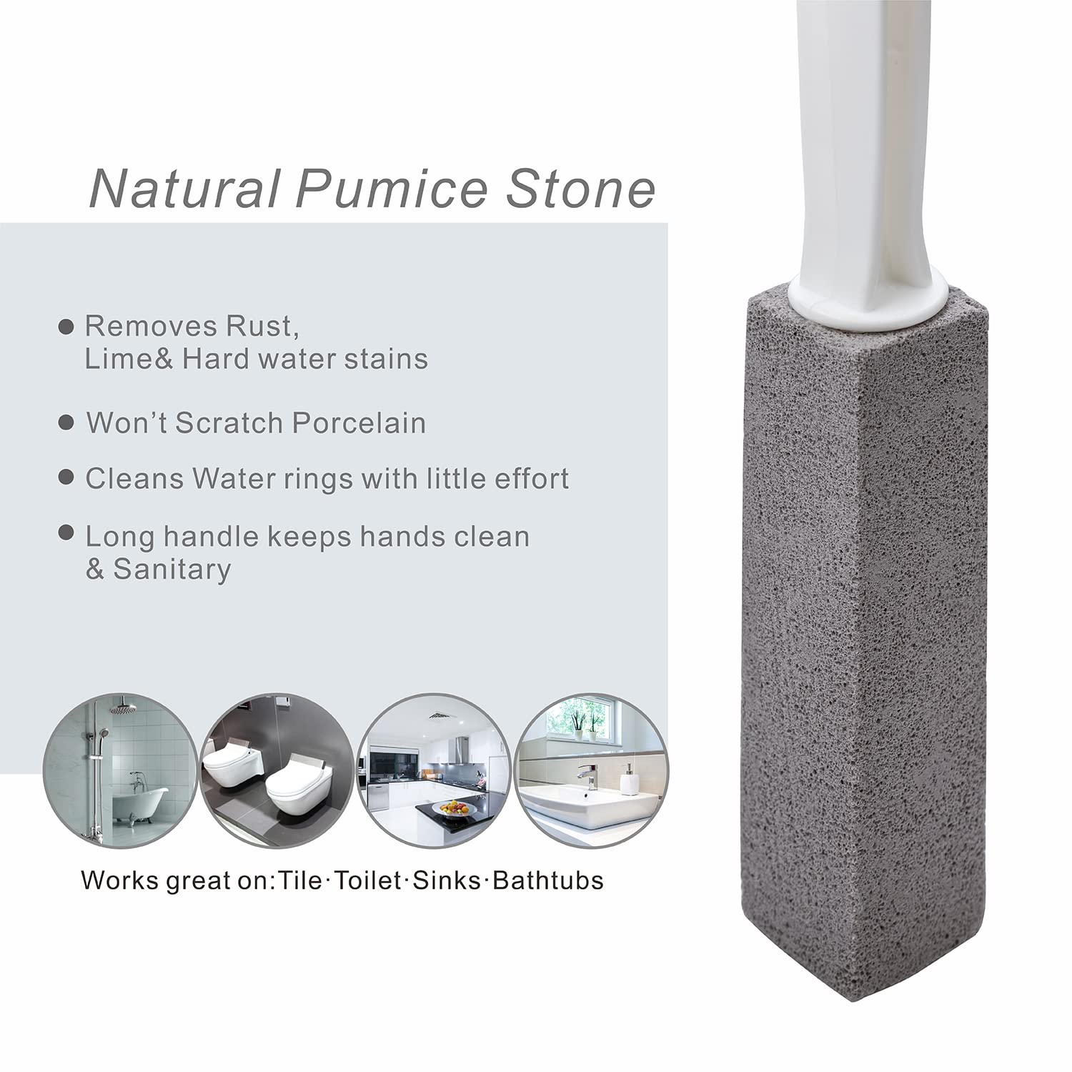 Pumice Stone Brush Toilet Bowl Cleaner with Extra Long Handle, 100% Natural Pumice Toilet Brush, Stain Remover Cleaning Brushes for Bath/Pool/Kitchen/BBQ Cleaning - 2 Pack with 2 Hooks