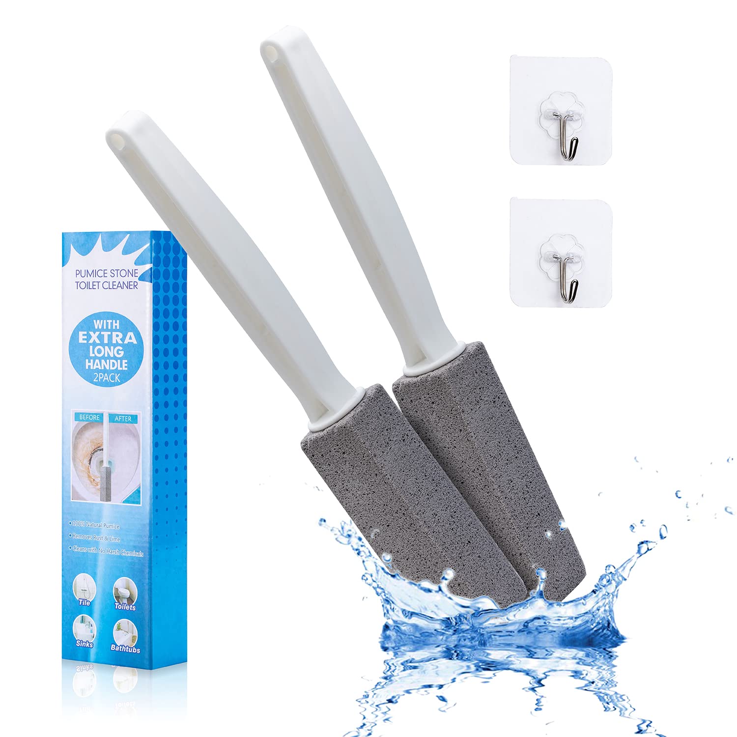 Pumice Stone Brush Toilet Bowl Cleaner with Extra Long Handle, 100% Natural Pumice Toilet Brush, Stain Remover Cleaning Brushes for Bath/Pool/Kitchen/BBQ Cleaning - 2 Pack with 2 Hooks