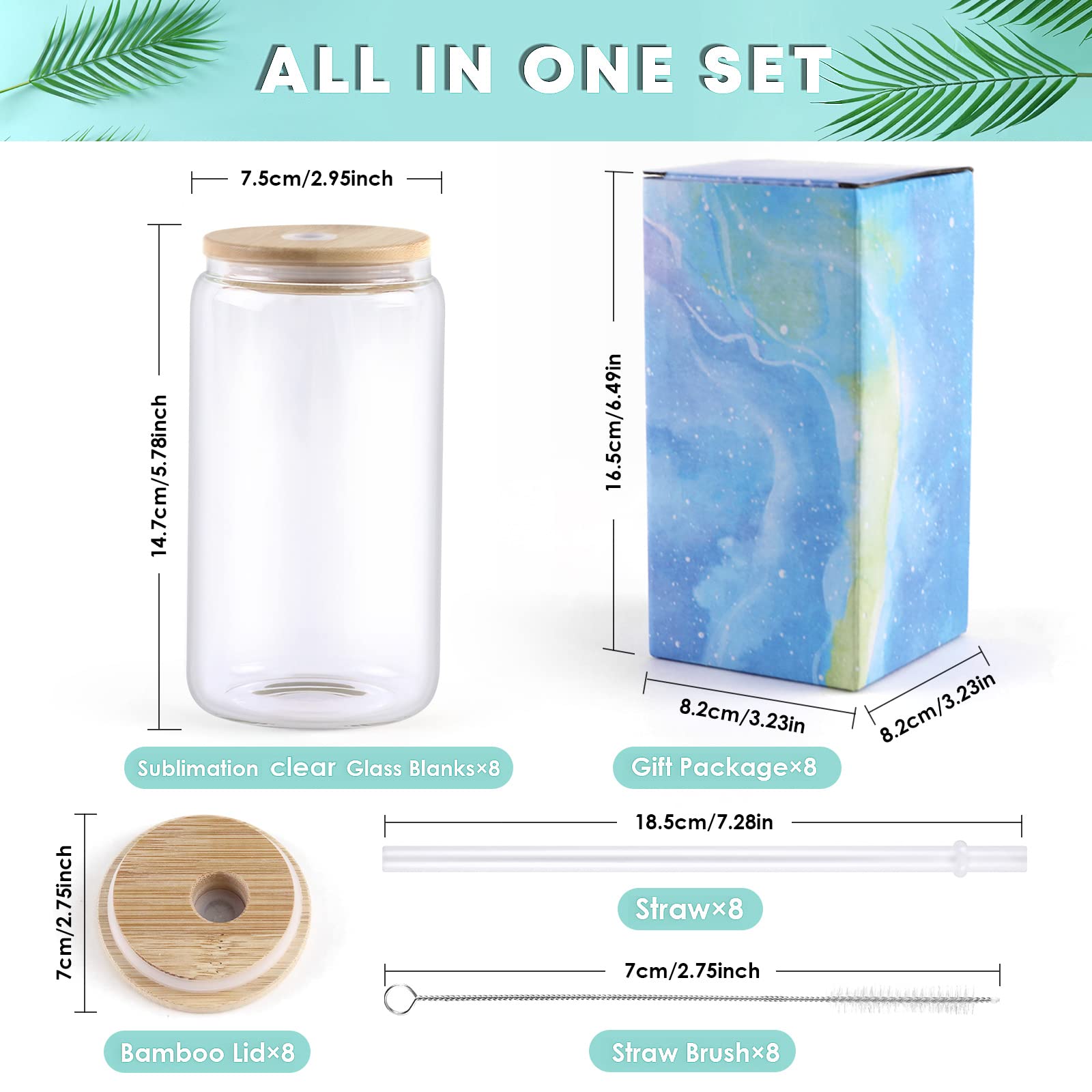 HTVRONT 8 PCS Sublimation Glass Cups Clear -16oz Sublimation Glass Tumbler with Bamboo Lid - Sublimation Blanks for Sublimation, Painting and HTV Vinyl Crafts
