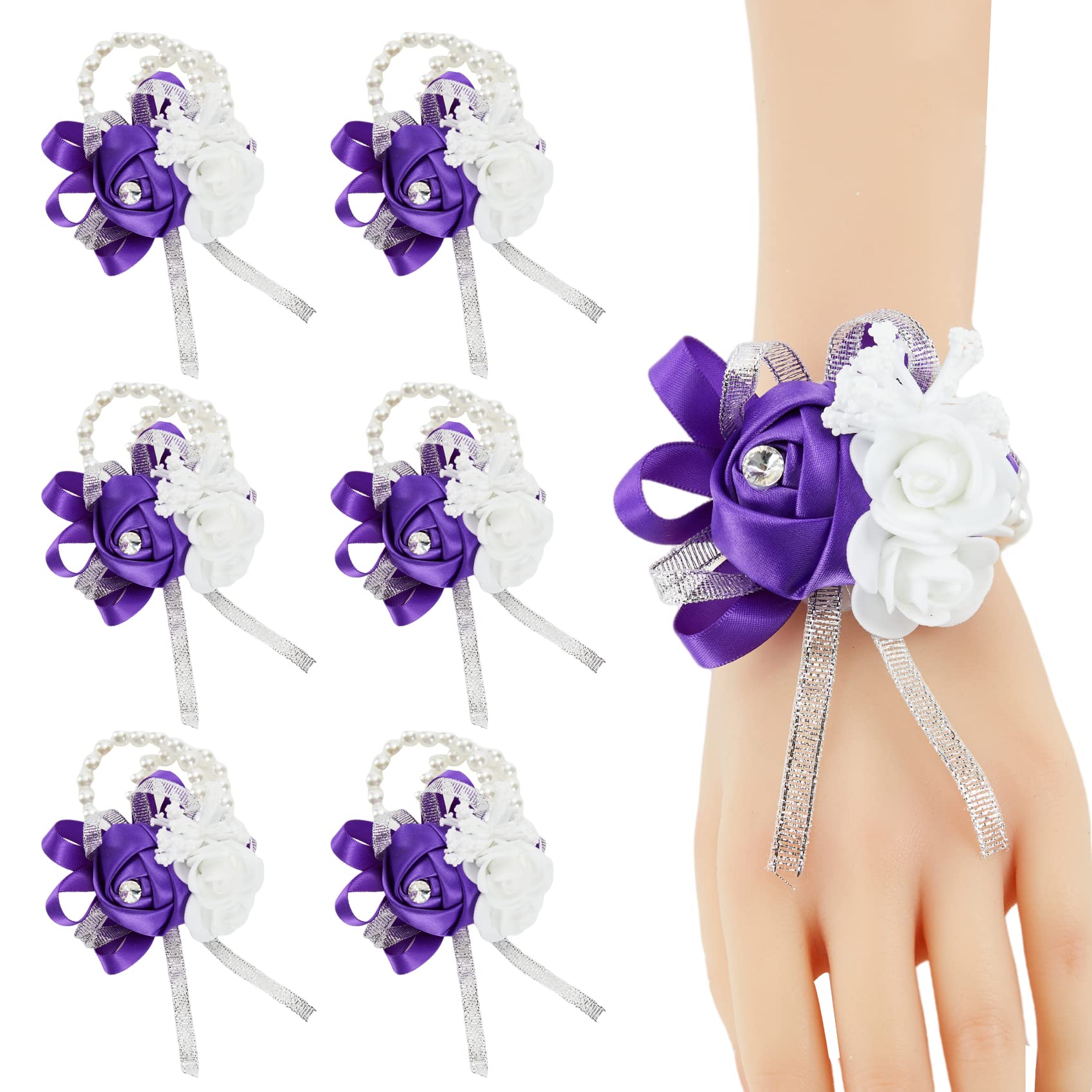 Meldel Purple Wrist Corsage for Prom Wedding Party, Set of 6, Rose Wrist Hand Flower for Bridal Bridesmaid, Prom Corsages Wrist Bride Groom Mother, Corsage Wristlet for Ceremony, Homecoming Corsage