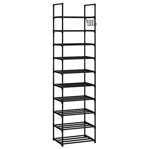 WEXCISE Narrow Shoe Rack 10 Tiers Tall Shoe Rack for Entryway 20-24 Pairs Shoe and Boots Organizer Storage Shelf Space Saving Large Shoe Tower Durable Black Metal Stackable Shoe Cabinet with Hooks