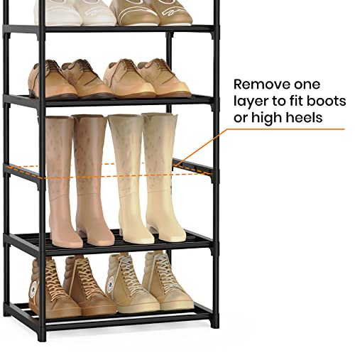 WEXCISE Narrow Shoe Rack 10 Tiers Tall Shoe Rack for Entryway 20-24 Pairs Shoe and Boots Organizer Storage Shelf Space Saving Large Shoe Tower Durable Black Metal Stackable Shoe Cabinet with Hooks