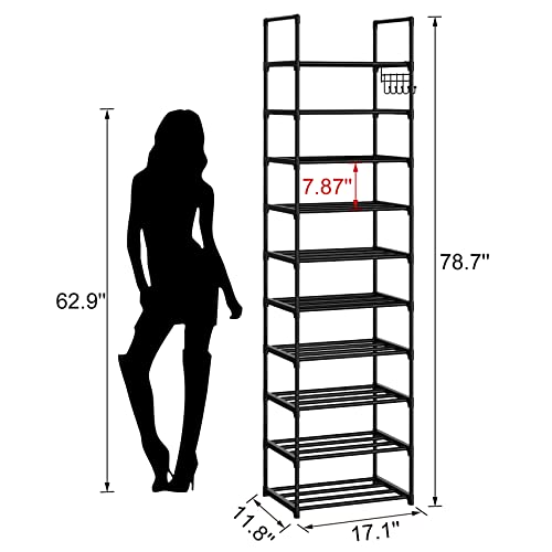 WEXCISE Narrow Shoe Rack 10 Tiers Tall Shoe Rack for Entryway 20-24 Pairs Shoe and Boots Organizer Storage Shelf Space Saving Large Shoe Tower Durable Black Metal Stackable Shoe Cabinet with Hooks