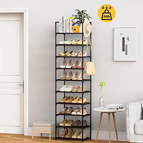 WEXCISE Narrow Shoe Rack 10 Tiers Tall Shoe Rack for Entryway 20-24 Pairs Shoe and Boots Organizer Storage Shelf Space Saving Large Shoe Tower Durable Black Metal Stackable Shoe Cabinet with Hooks