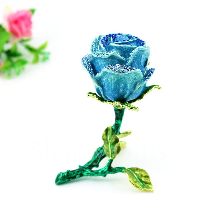 Wowagoga Mini Enamel Rose Hinged Trinket Box Rose Ring Box Small Bling Treasure Box Red Jewelry Box for Proposal Gift Home Décor, Rose Series,Blue