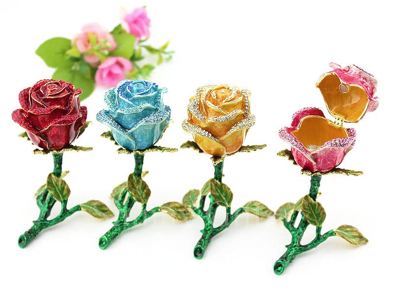 Wowagoga Mini Enamel Rose Hinged Trinket Box Rose Ring Box Small Bling Treasure Box Red Jewelry Box for Proposal Gift Home Décor, Rose Series,Blue
