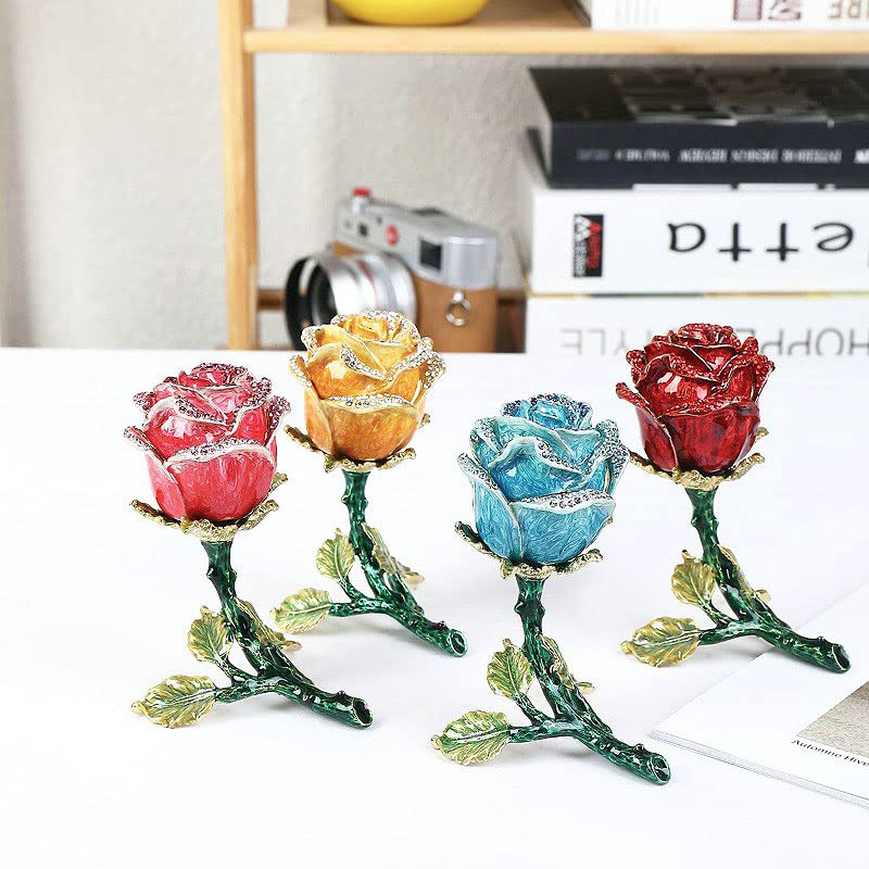 Wowagoga Mini Enamel Rose Hinged Trinket Box Rose Ring Box Small Bling Treasure Box Red Jewelry Box for Proposal Gift Home Décor, Rose Series,Blue