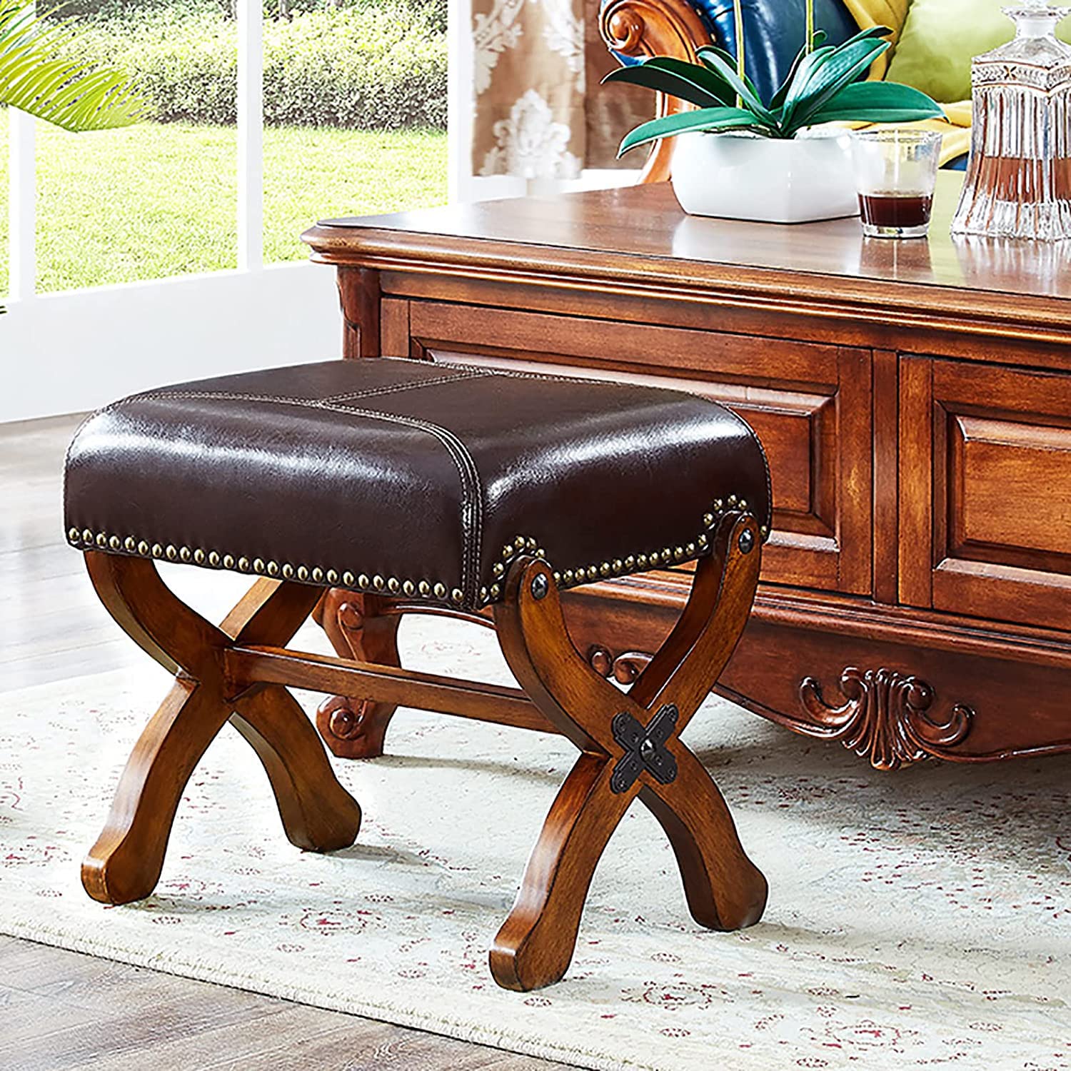 CYYTLFSD Leather Footrest Wood Ottoman,Rustic Foot Stools Ottoman Seat, Wood Footstool,Rectangle Footrest Small Ottoman for Living Room Bedroom (Black)