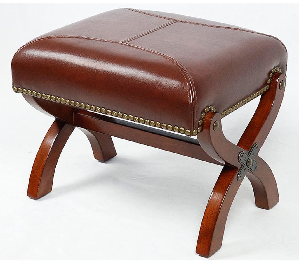 CYYTLFSD Leather Footrest Wood Ottoman,Rustic Foot Stools Ottoman Seat, Wood Footstool,Rectangle Footrest Small Ottoman for Living Room Bedroom (Black)