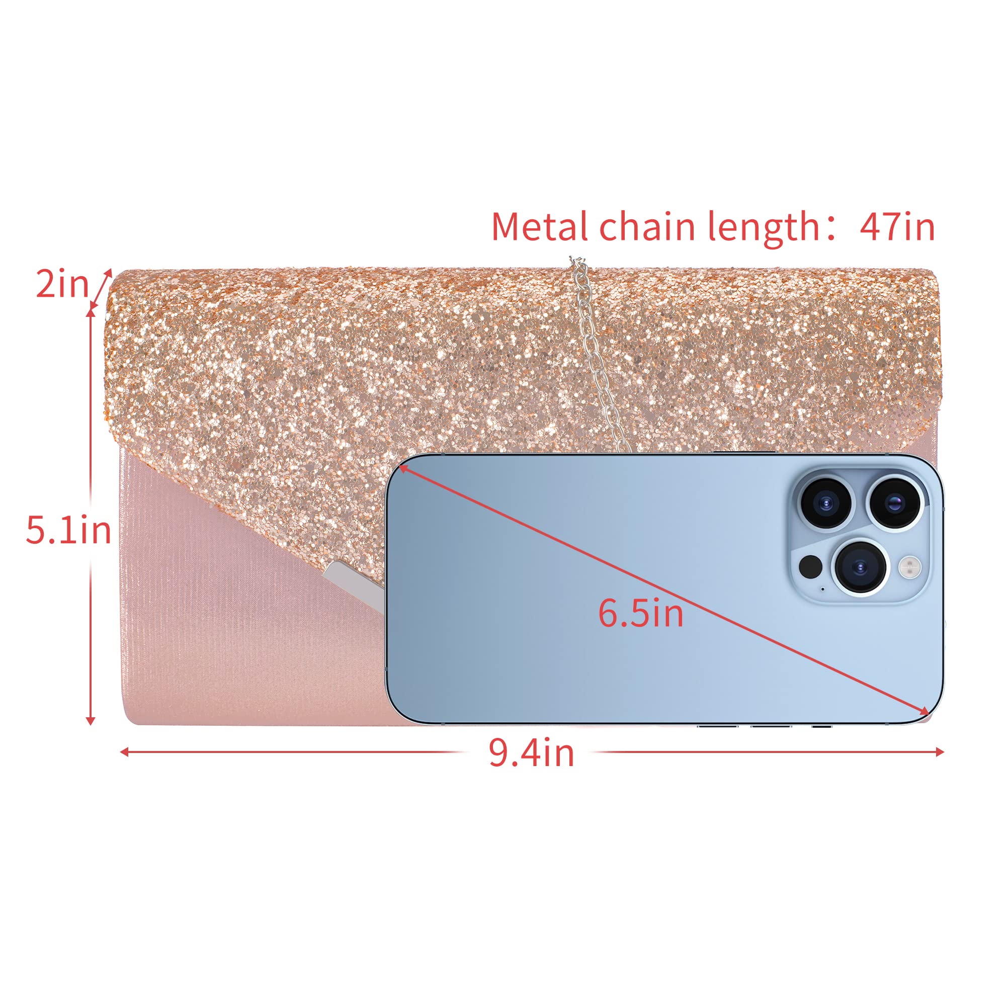 DIGOGO Sequins Flap Evening Purse Envelope Shaped Clutch Purse Chain Crossbody Shoulder Bag for Wedding Party Prom Ball Pink